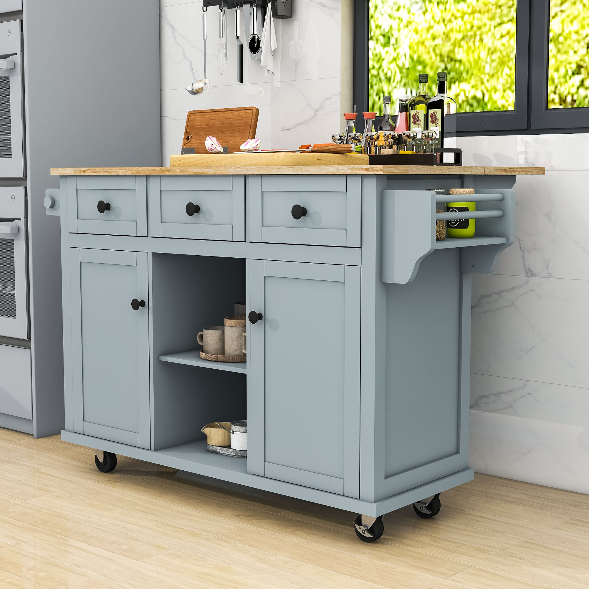 Red Barrel Studio Rijwan 3 Drawers Kitchen Cart With Rubber Wood Drop ...