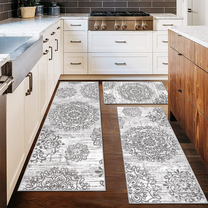 Bungalow Rose Farmhouse Non Slip Washable Gray Kitchen Rug Set with Mat ...