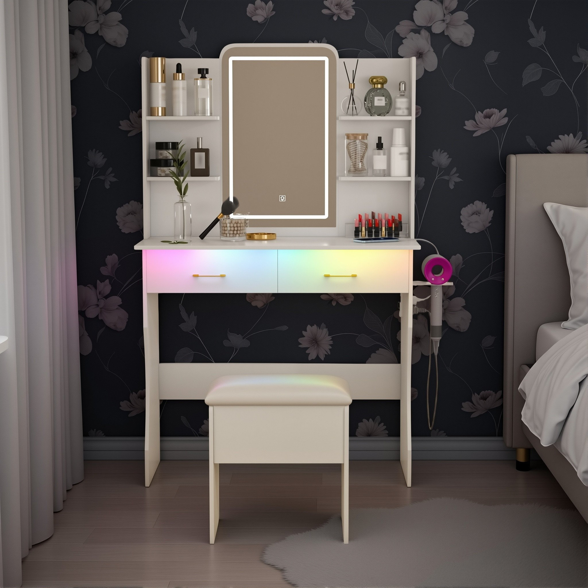 Ivy Bronx 35.4" Makeup Vanity Desk With Power Outlet And RGB Drawer ...