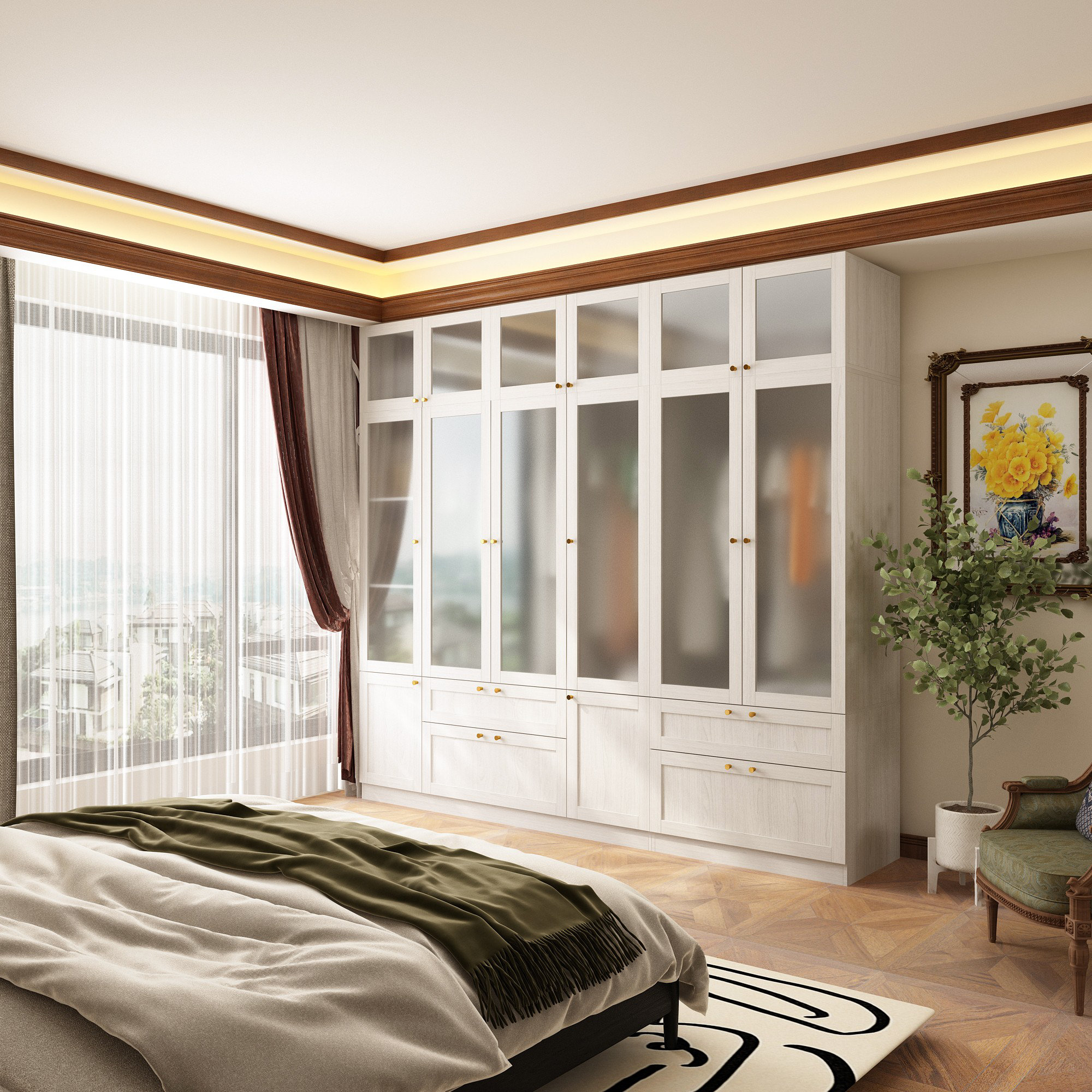 Latitude Run® Large Wardrobe With Upper Cabinets And Frosted Glass ...