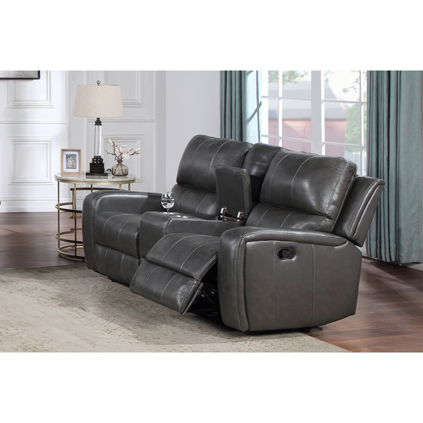 Hokku Designs Joela Leather Console Loveseat W/ Dual Recliners ...