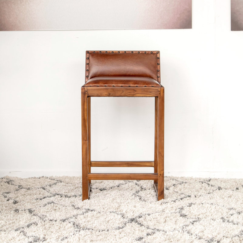 Union Rustic Skiles 25'' Solid Wood Genuine Leather Counter Stool ...