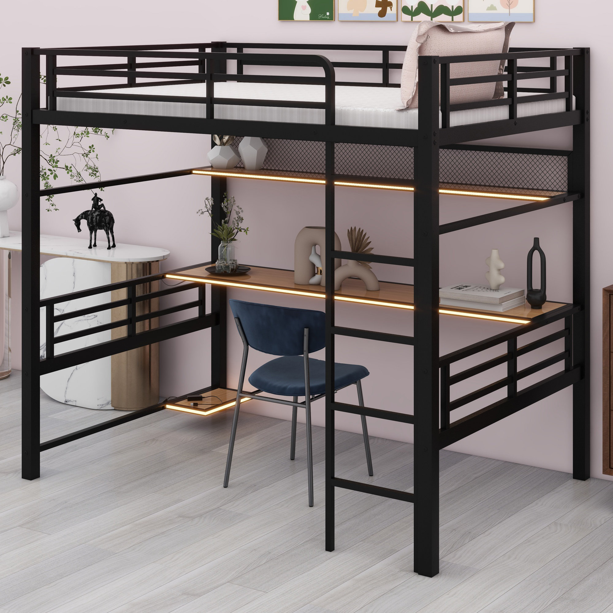 Mason & Marbles Metal Loft Bed Frame With Storage Shelf And LED Light ...
