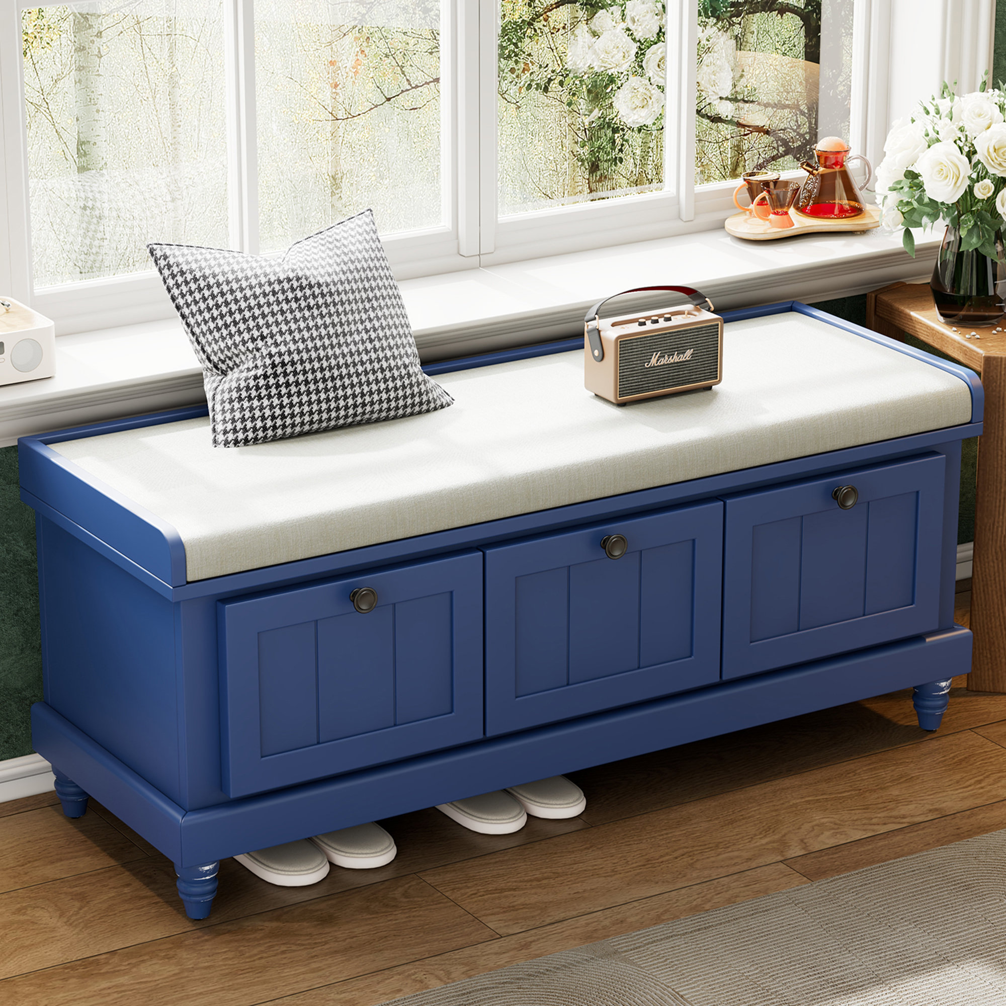 Canora Grey 44" Wide Shoe Storage Bench With Cushion Entryway Bench ...