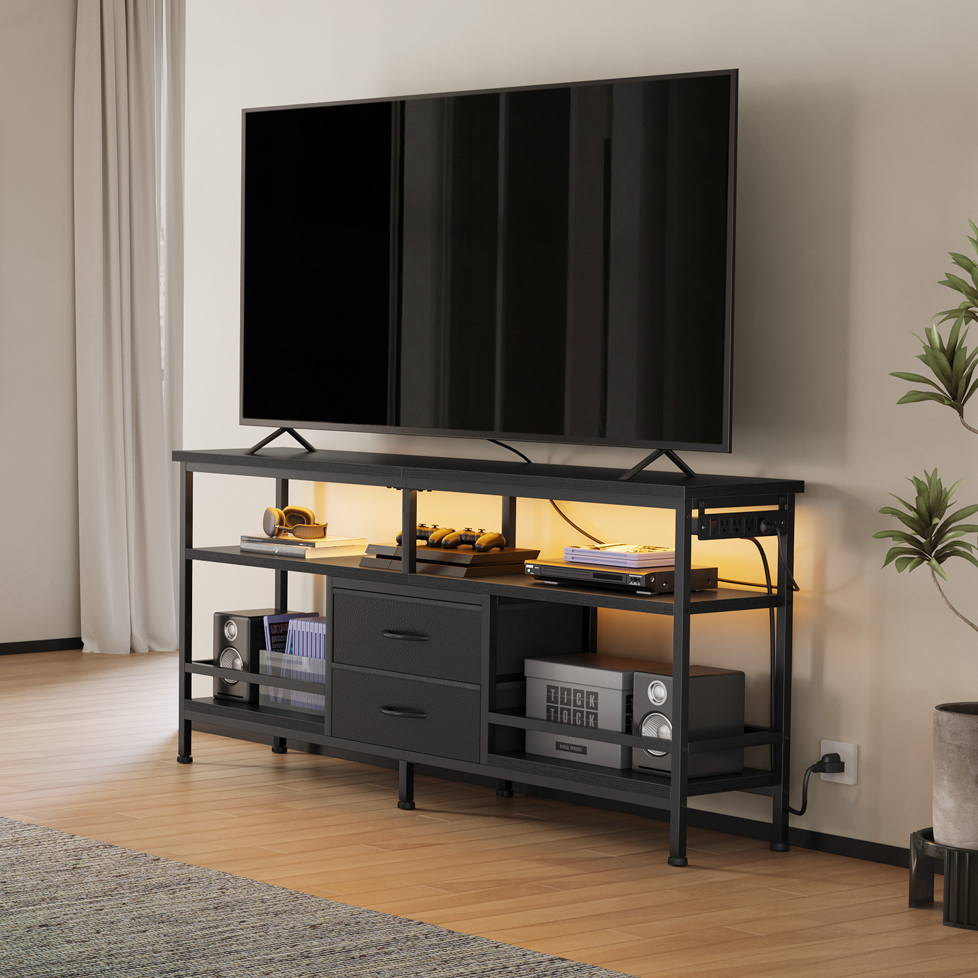 Trent Austin Design® TV Stand Media Console with LED Lights & Charging ...