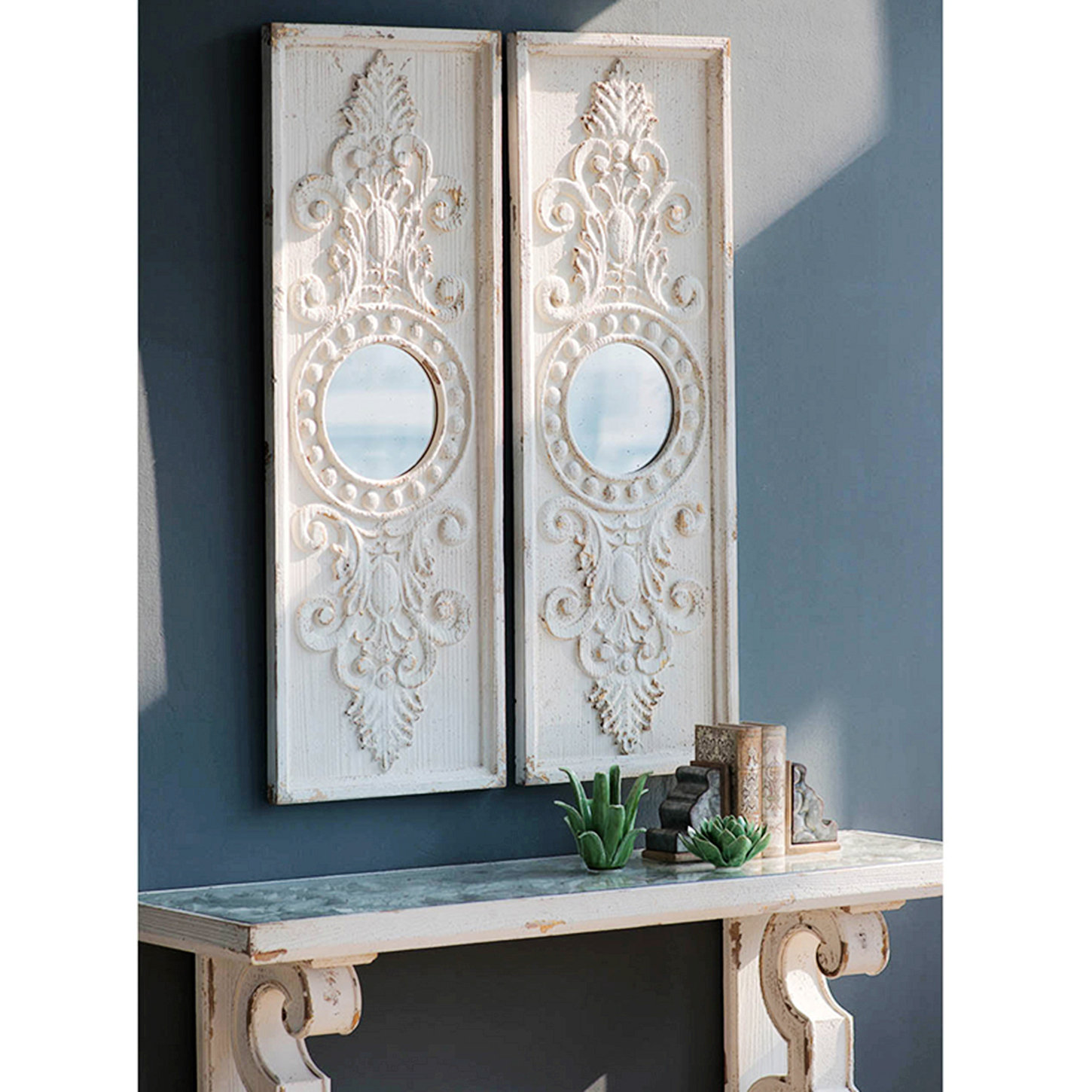 HMLIFE Set Of 2 Large Wall Art Panels With Round Mirror Accents | Wayfair