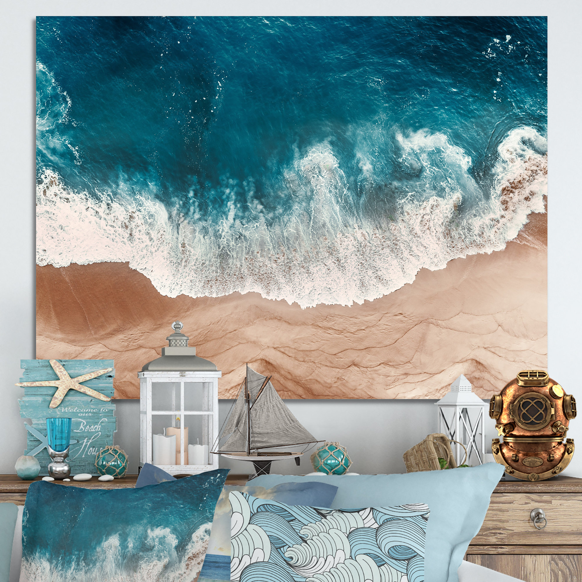 Highland Dunes Aerial View Blue Ocean Waves II - Nautical & Coastal ...