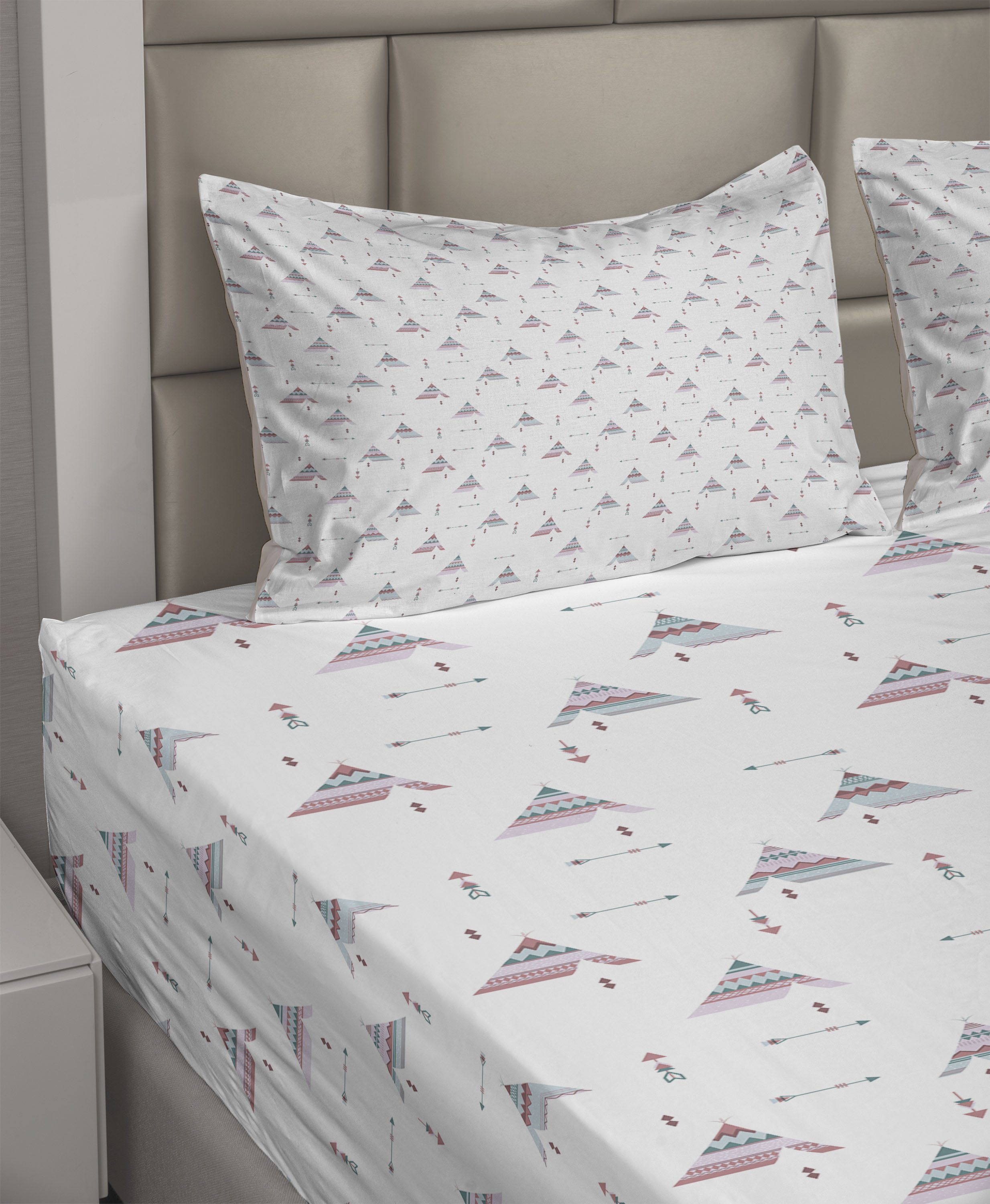 Ambesonne Bohemian Sheet Set Triangle Feather Ethnic Dried Rose and ...