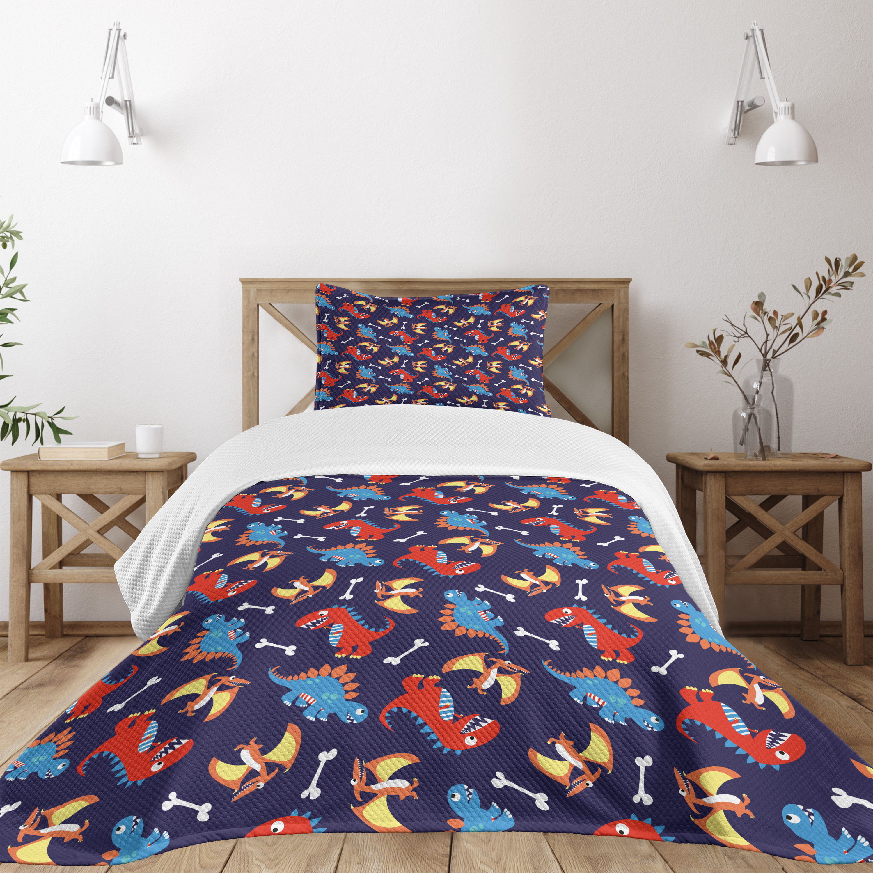 Ambesonne Dinosaur Bedspread Set Dino Funny Expressions Navy Blue ...