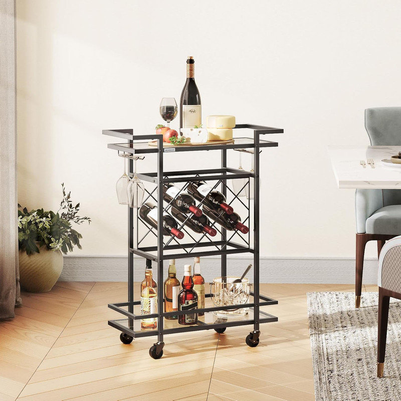 Prep & Savour Glass Bar Cart, Home Bar Serving Cart, 3 Tier Drink Cart ...