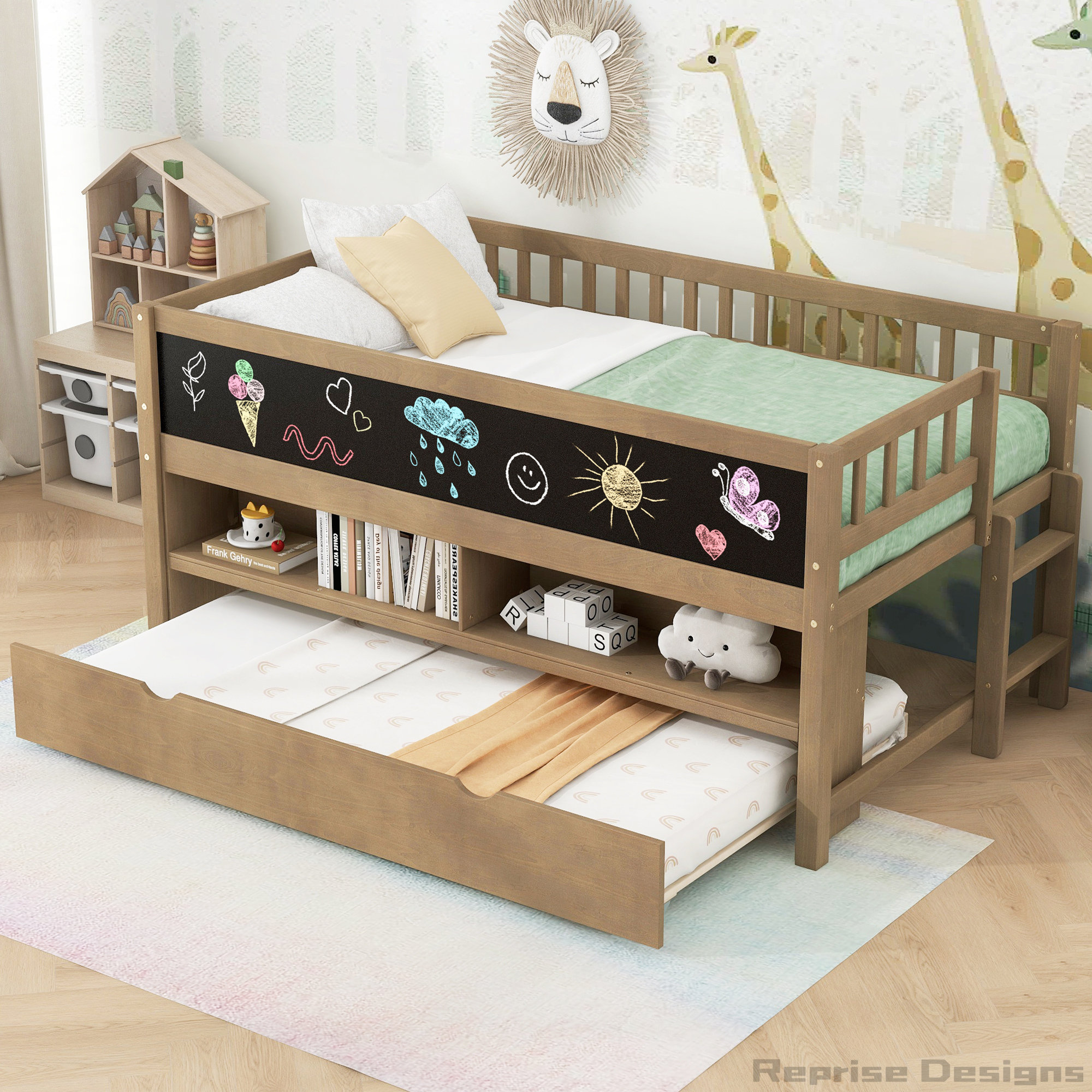 Reprise Designs Wood Low Loft Bed with Storage Shelves, Blackboard and ...