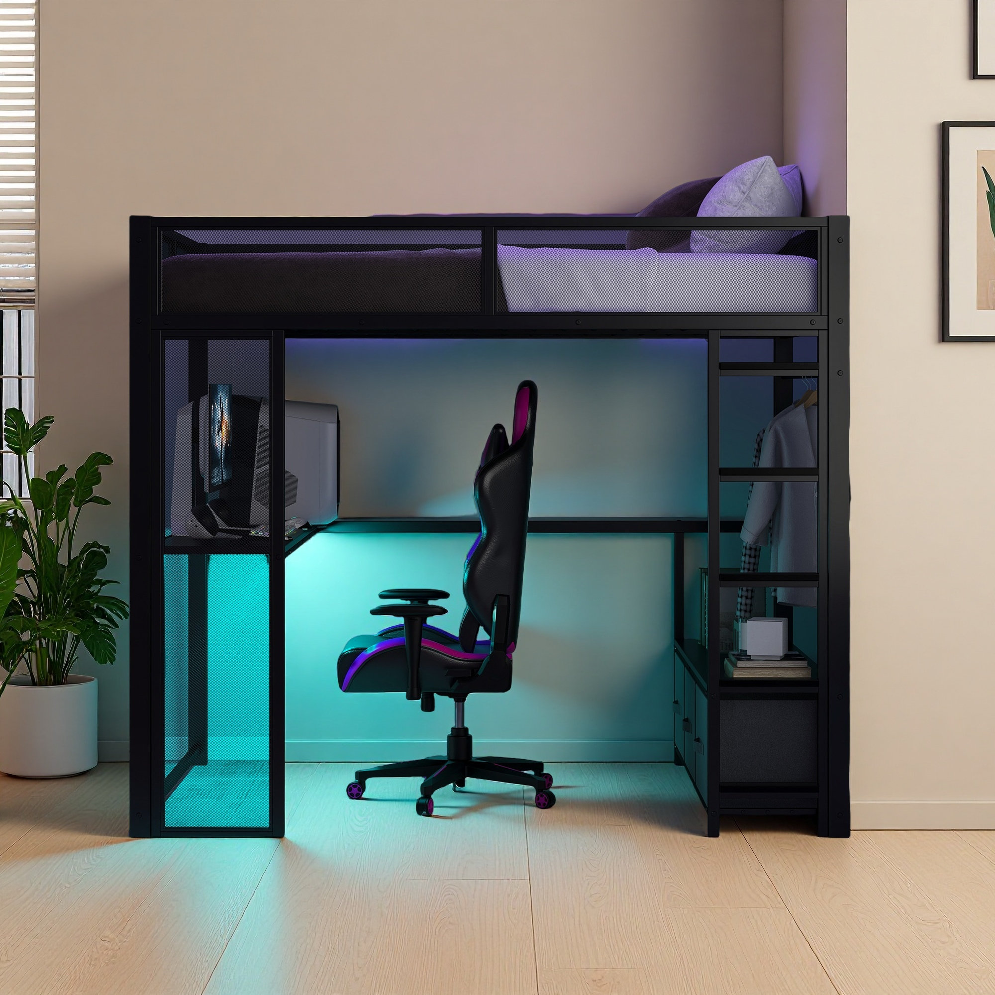Isabelle & Max™ Full Size Metal Gaming Loft Bed With LED, Desk, Open ...