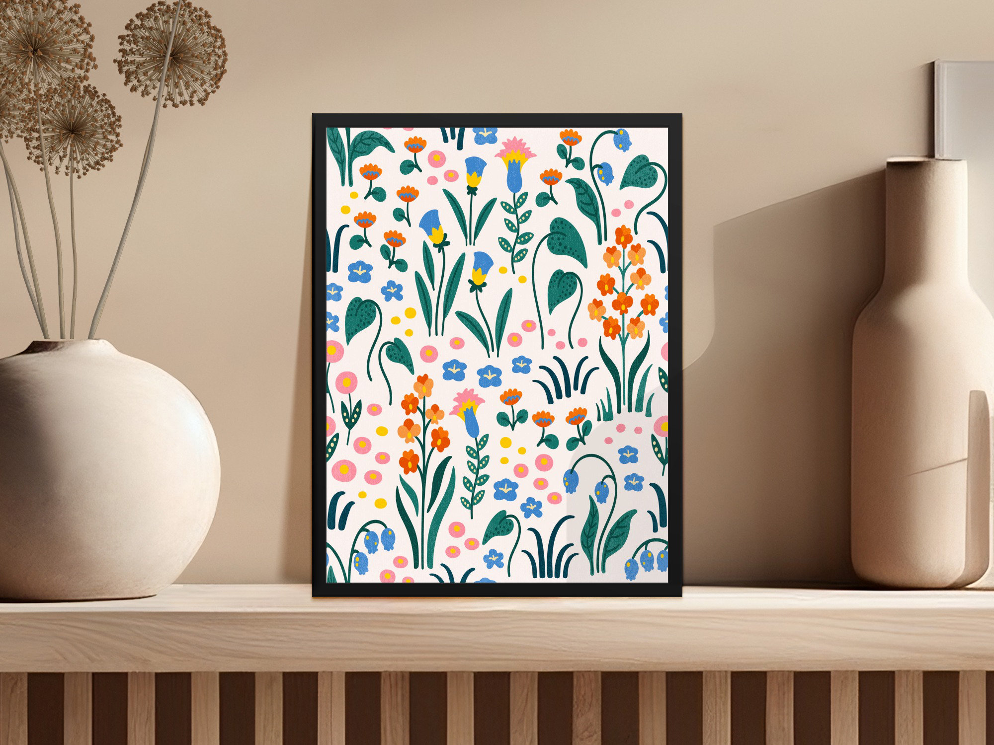 Lark Manor Cheerful Floral Landscape With Bright Colors Framed Poster ...