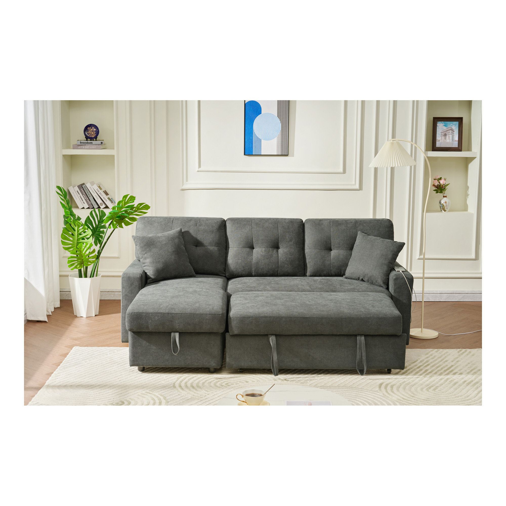 Taroo Clocks Sectional Sofa Bed L-Shaped Sofa Couch Bed with USB Port ...
