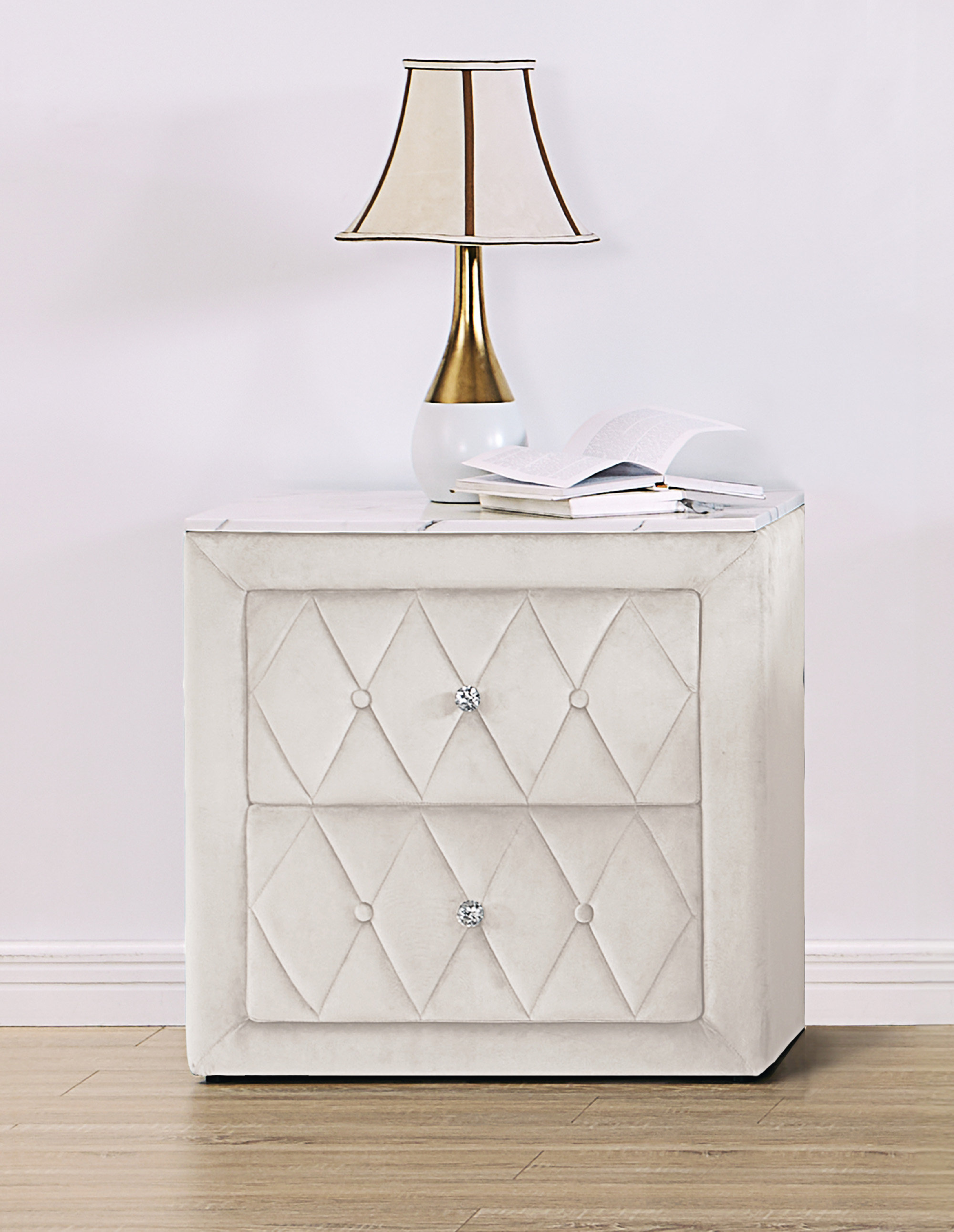 Rosdorf Park 1Pc Faux Marble Top Nightstand 2- Drawers Storage Ivory Finish Button Tufted Faux ...