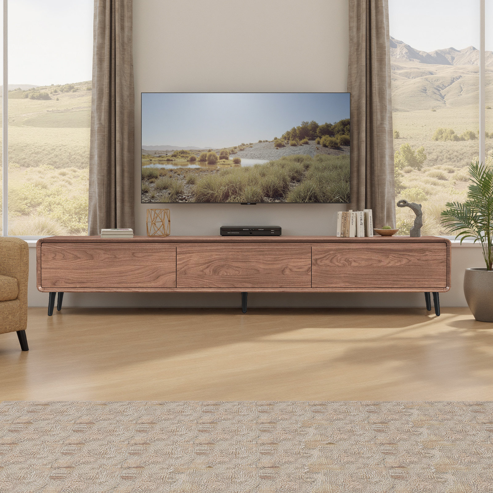 Corrigan Studio® Walnut Media Console With 3 Drawers & Black Metal Legs ...