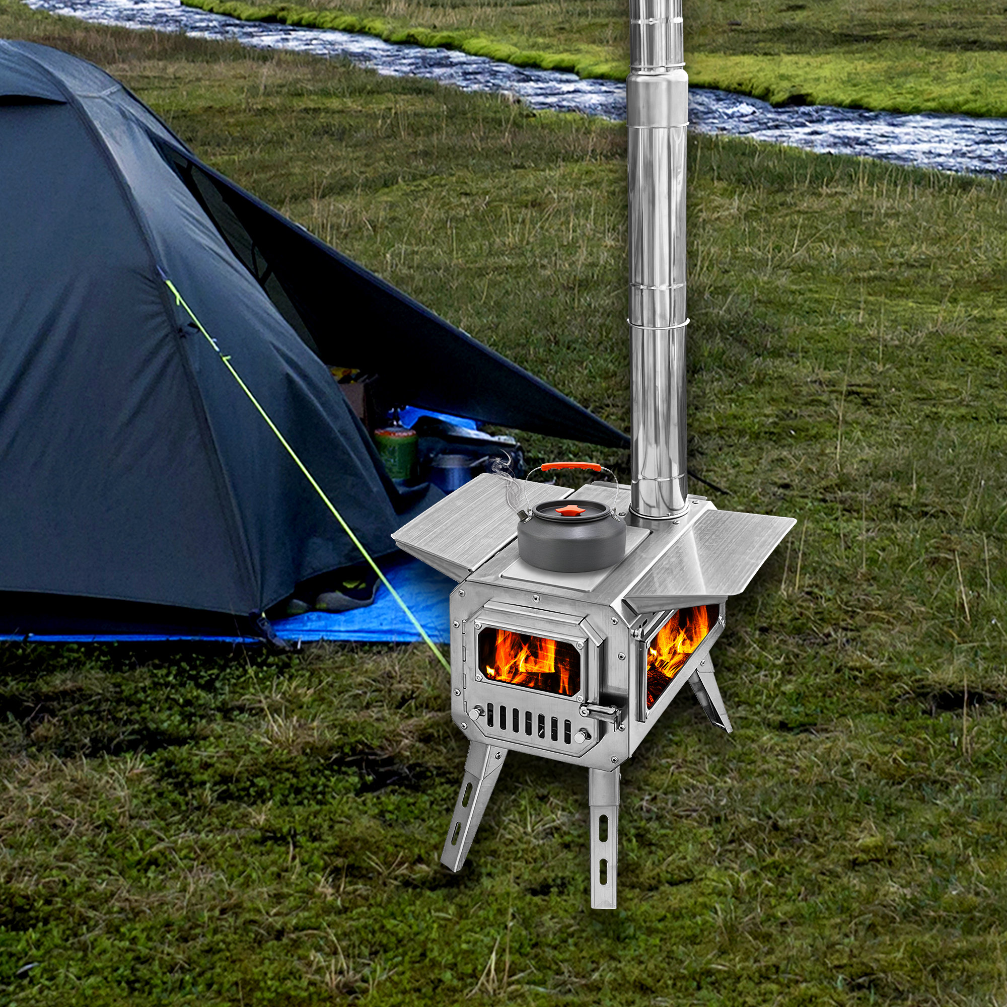 Arlmont & Co. Portable Wood Stove Outdoor Travel Fireplace Chimney ...