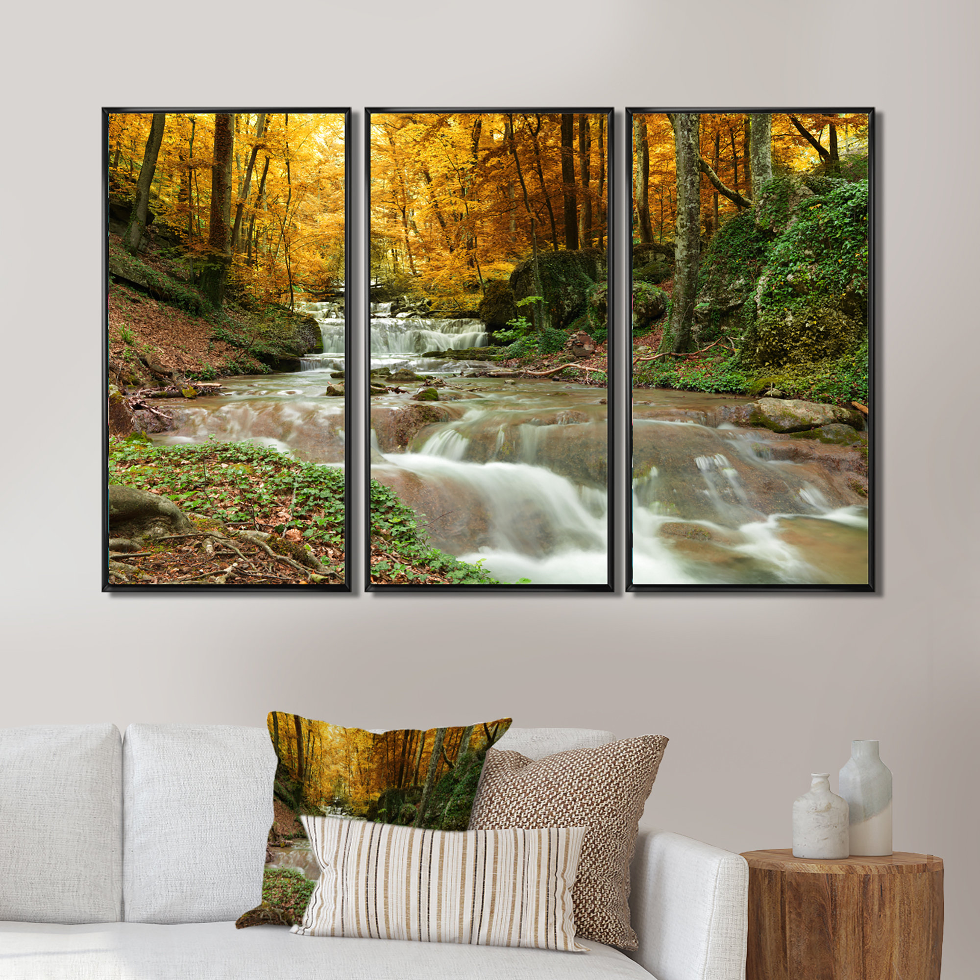 Millwood Pines Forest Waterfall With Yellow Trees - Landscape Framed ...