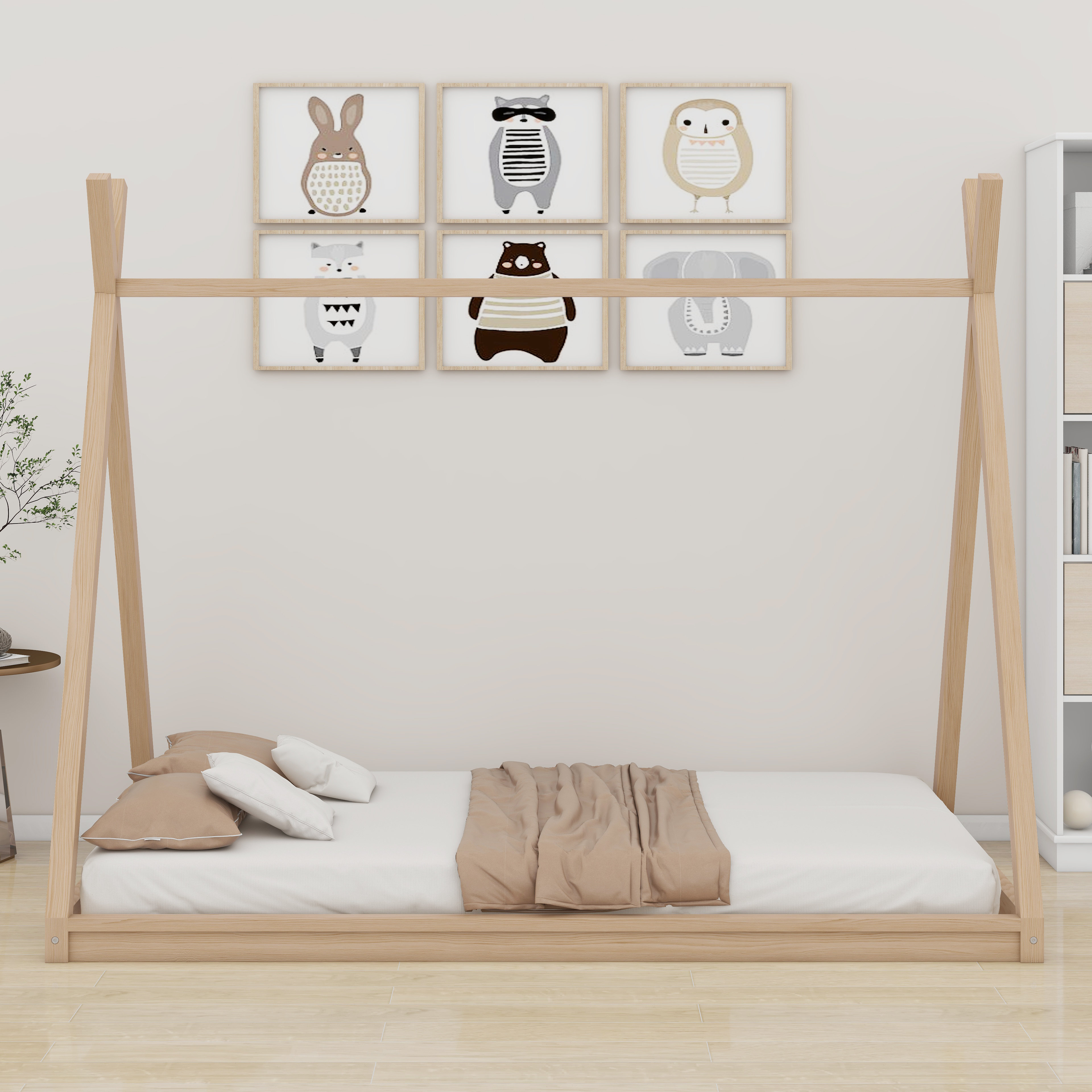 ROYALIFIC Wood House Shape Tent Bed, Montessori Style Low-Floor Bed ...