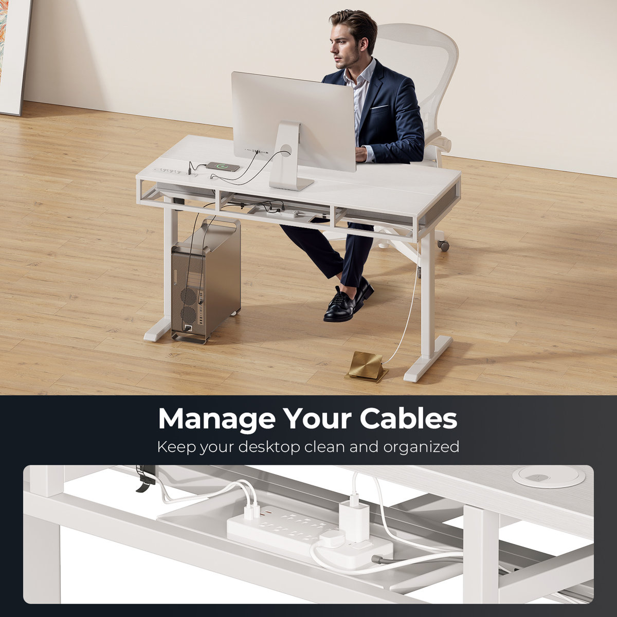 Ebern Designs Electric Standing Desk With Drawers,home Office Desk With ...