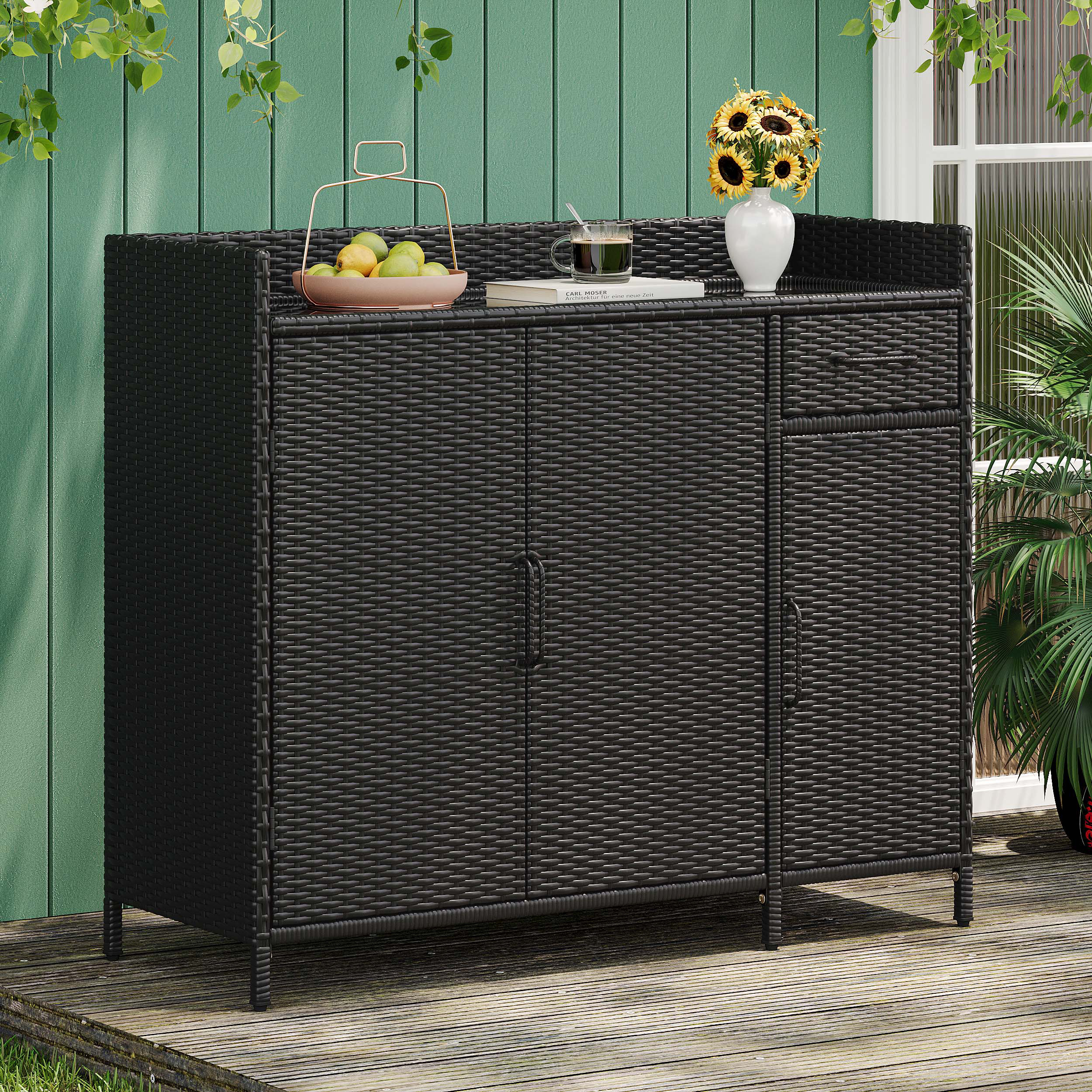 MSTYLE 47.5"W Wicker Outdoor Storage Cabinet With Tempered Glass ...