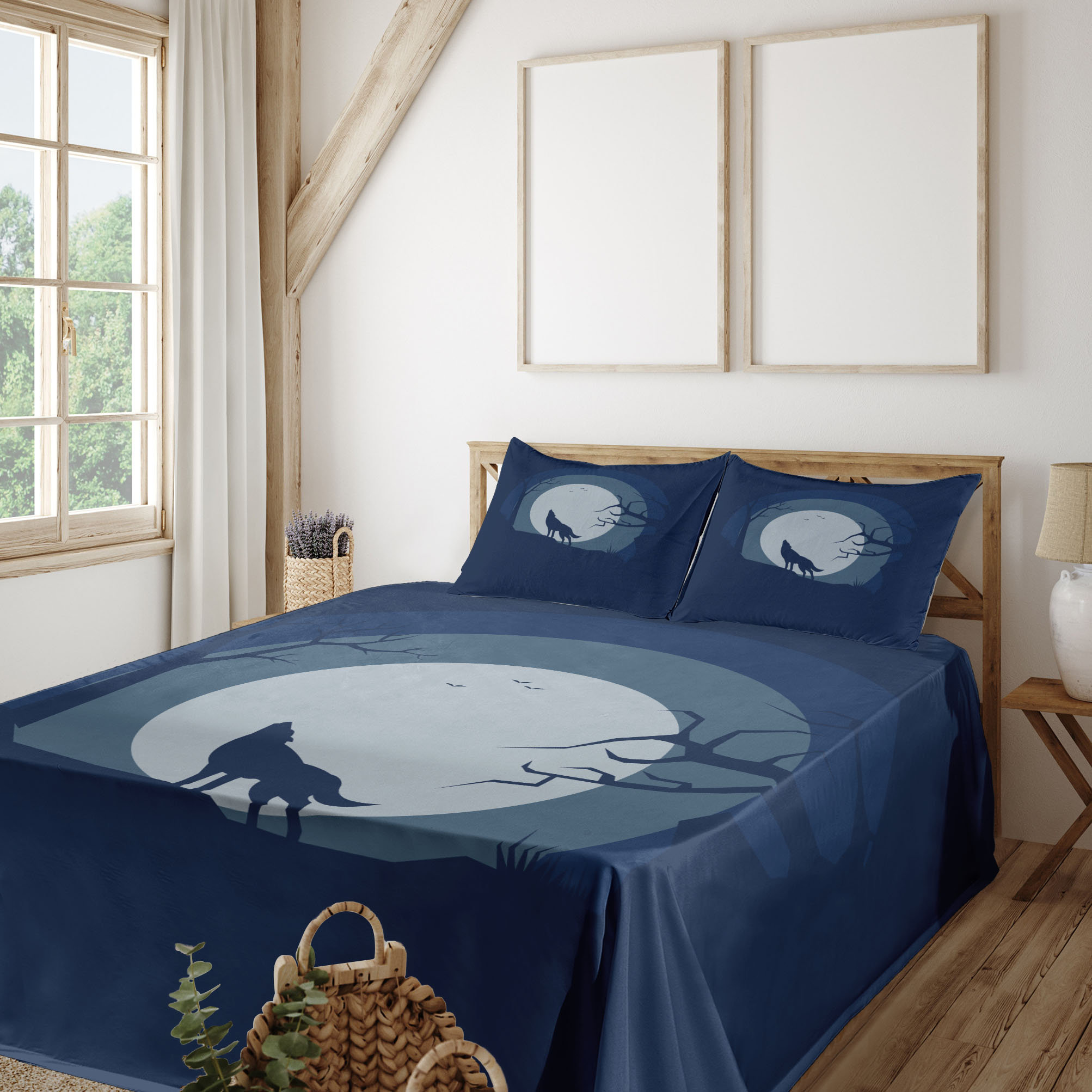 Ambesonne Wolf Sheet Set Cartoon Howling Animal Art Dark Violet Blue ...