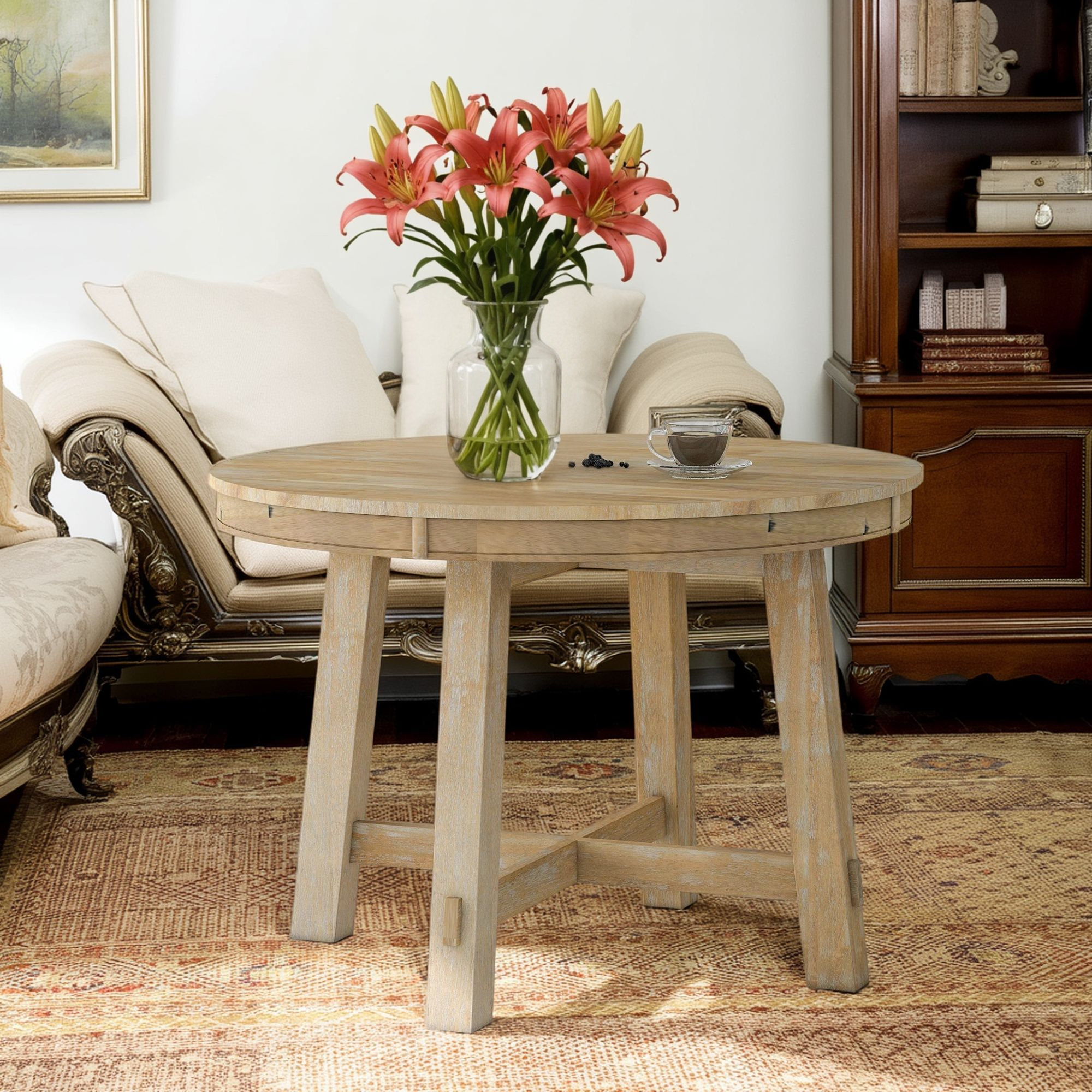 Lark Manor™ Farmhouse Round Extendable Dining Table: With 16-Inch Tabletop, Natural Washed Wood ...