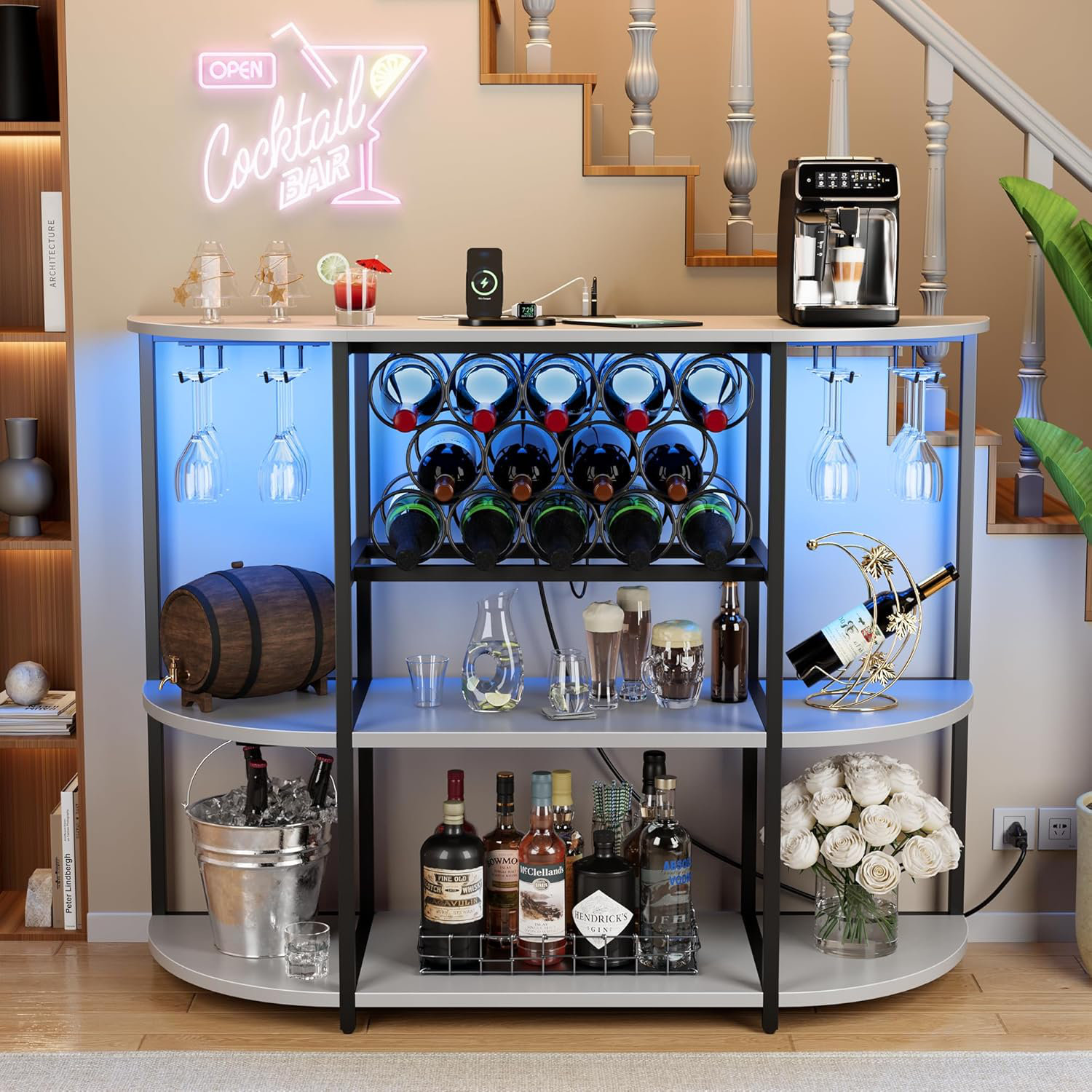 17 Stories Wine Bar Cabinet with LED Lights and Power Outlets ...