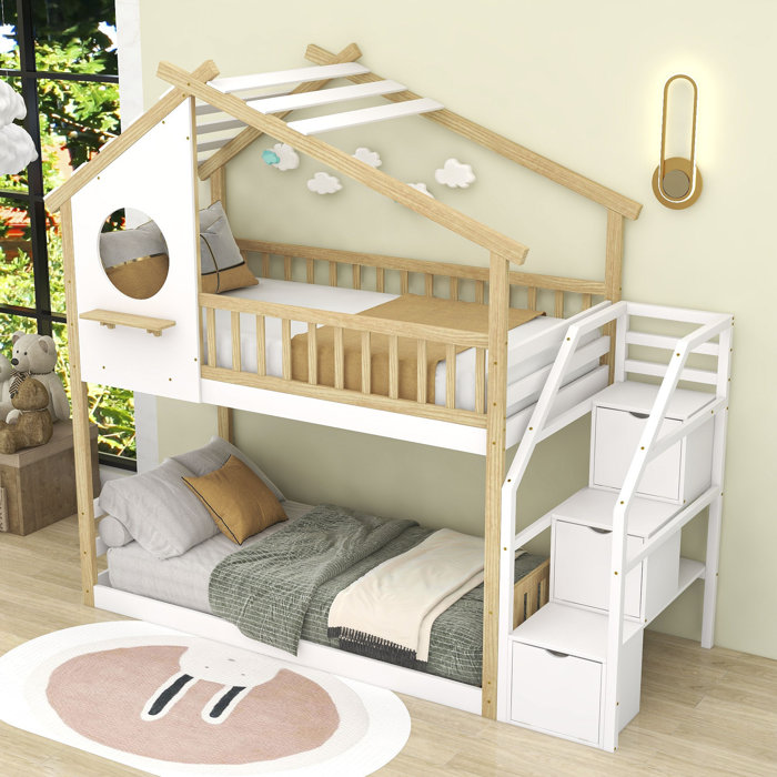 Harper Orchard Rackerby Kids Twin Over Twin Wood House Bunk Bed with ...
