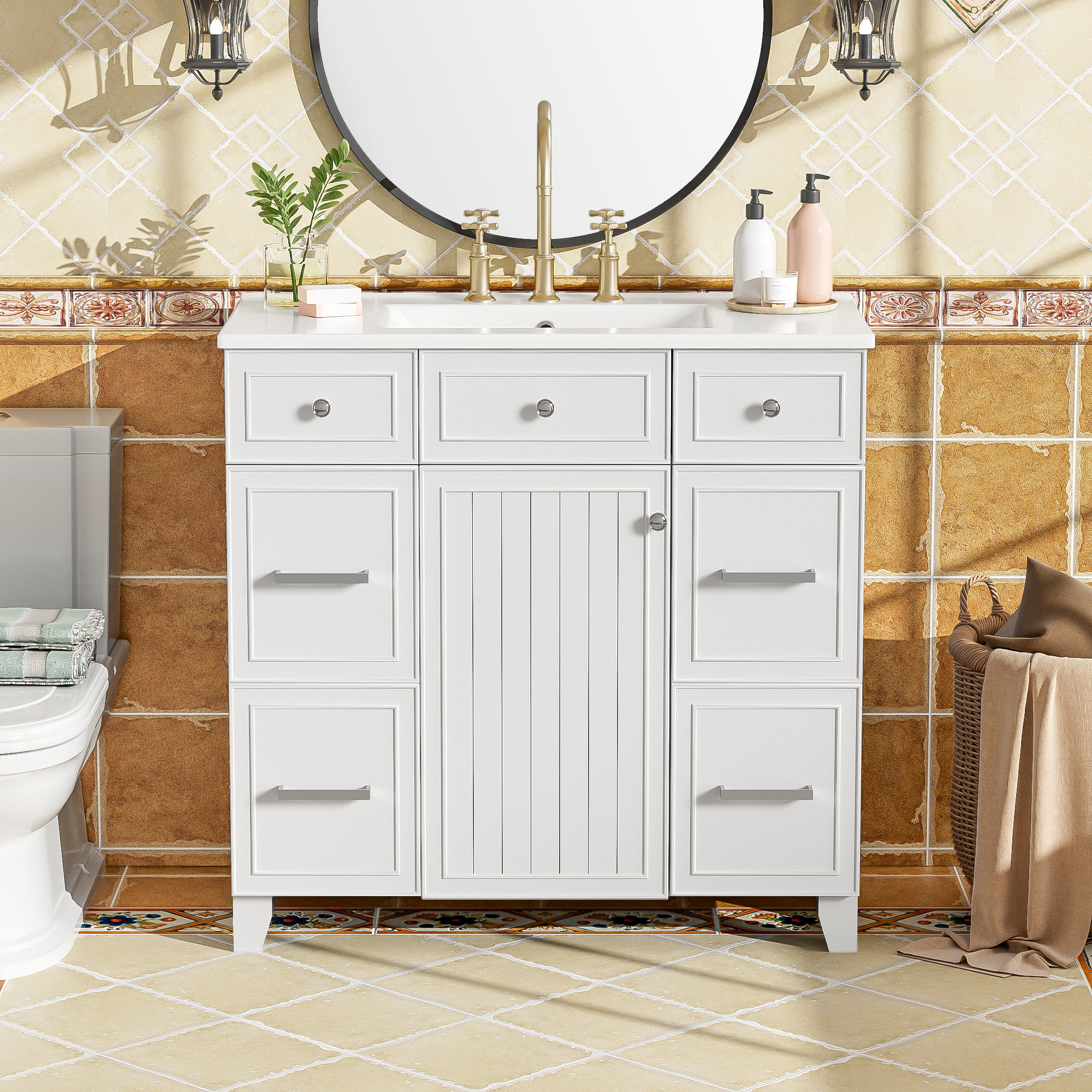 MINGZHE 36"W Bathroom Vanity With Ceramic Sink, Solid Wood Frame Vanity ...