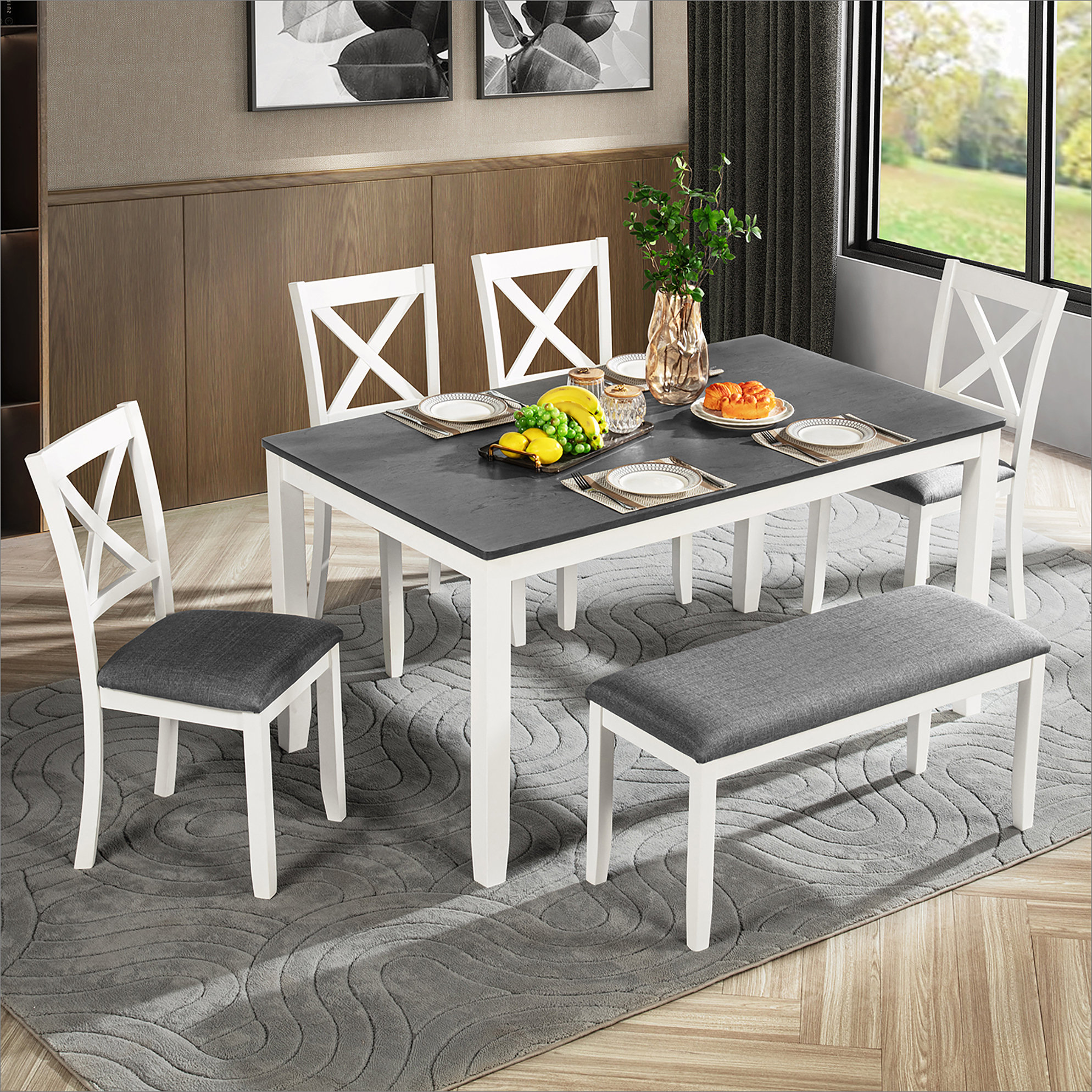 Rosalind Wheeler 6-Piece Dining Table Set with Bench, Wood Dining Table ...