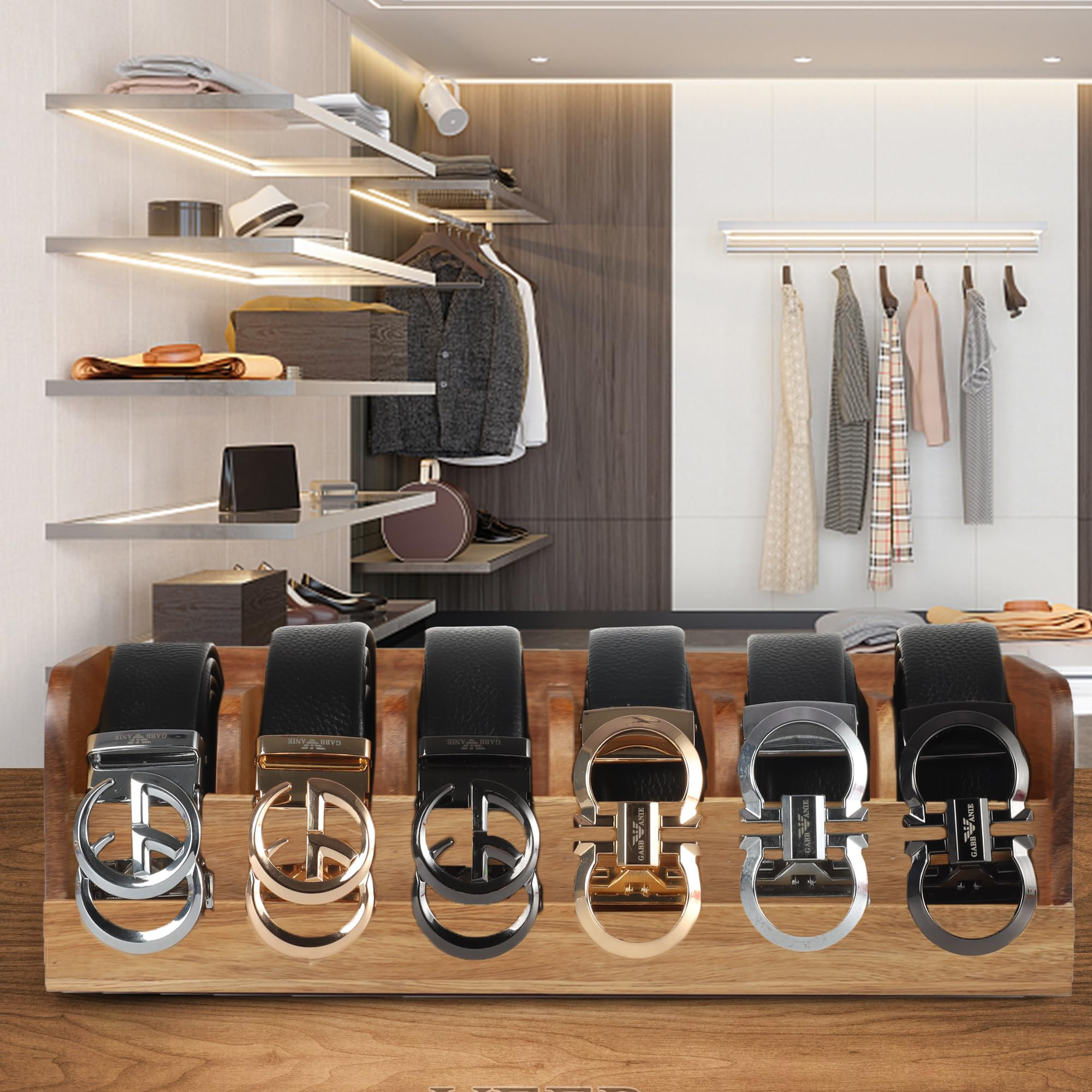 BOJUNTAN Acacia Wood Belt Organizer Box,6 Grids Belt Rack For Closet ...