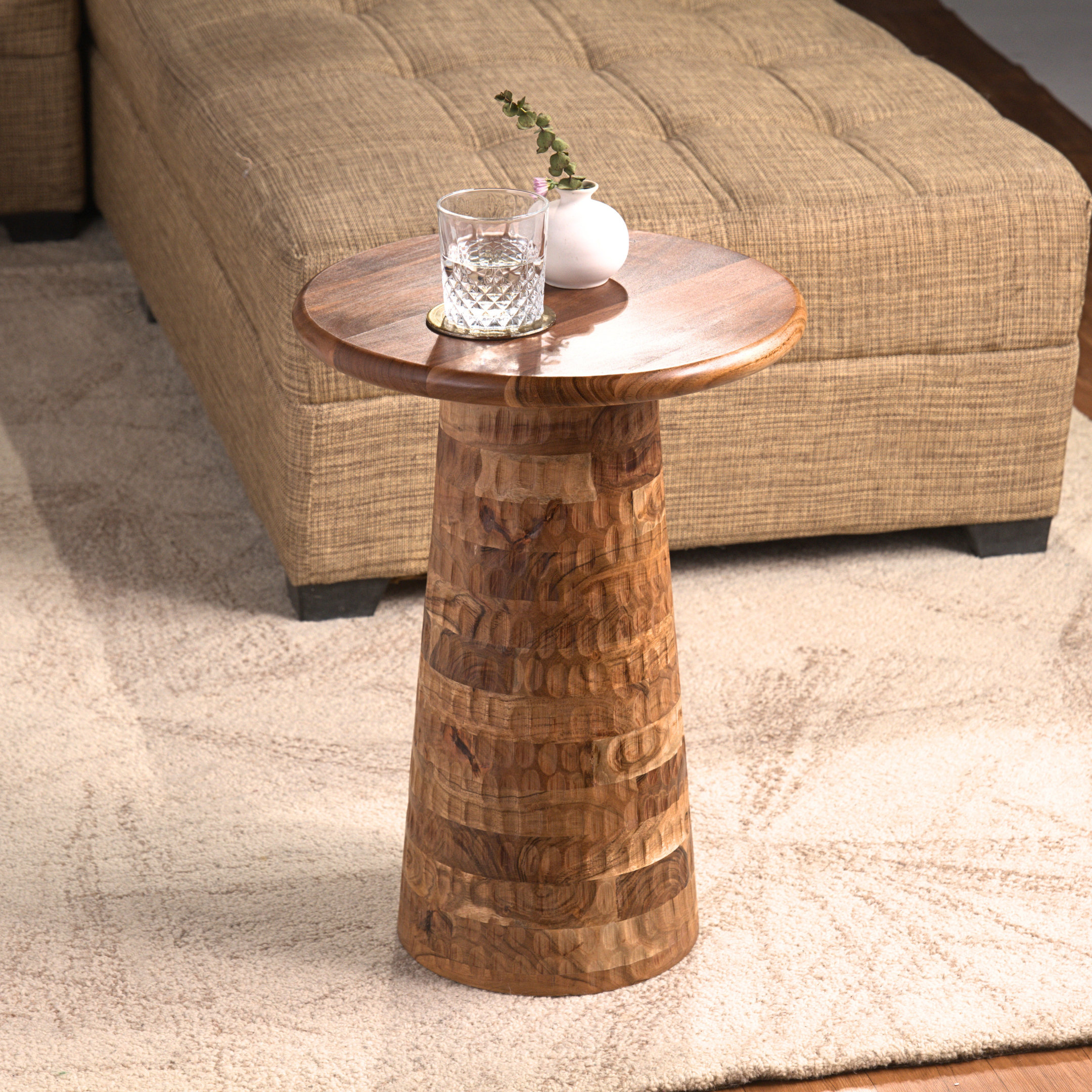 Hokku Designs Hand-Carved Solid Wood Accent Round Top End Table ...