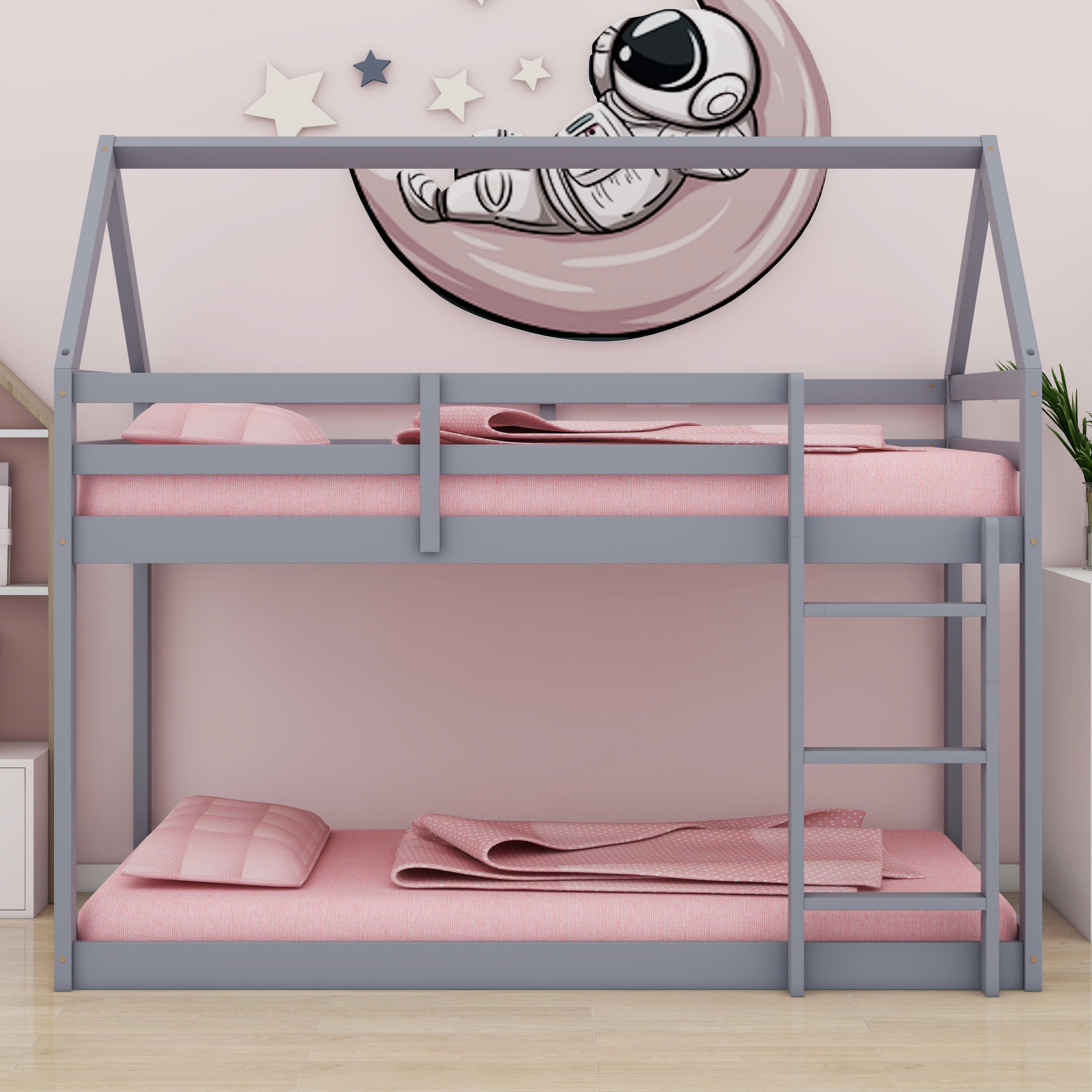 Ebern Designs Floor Bunk Bed, With Ladder,Guardrails,House-Shaped-Bunk ...