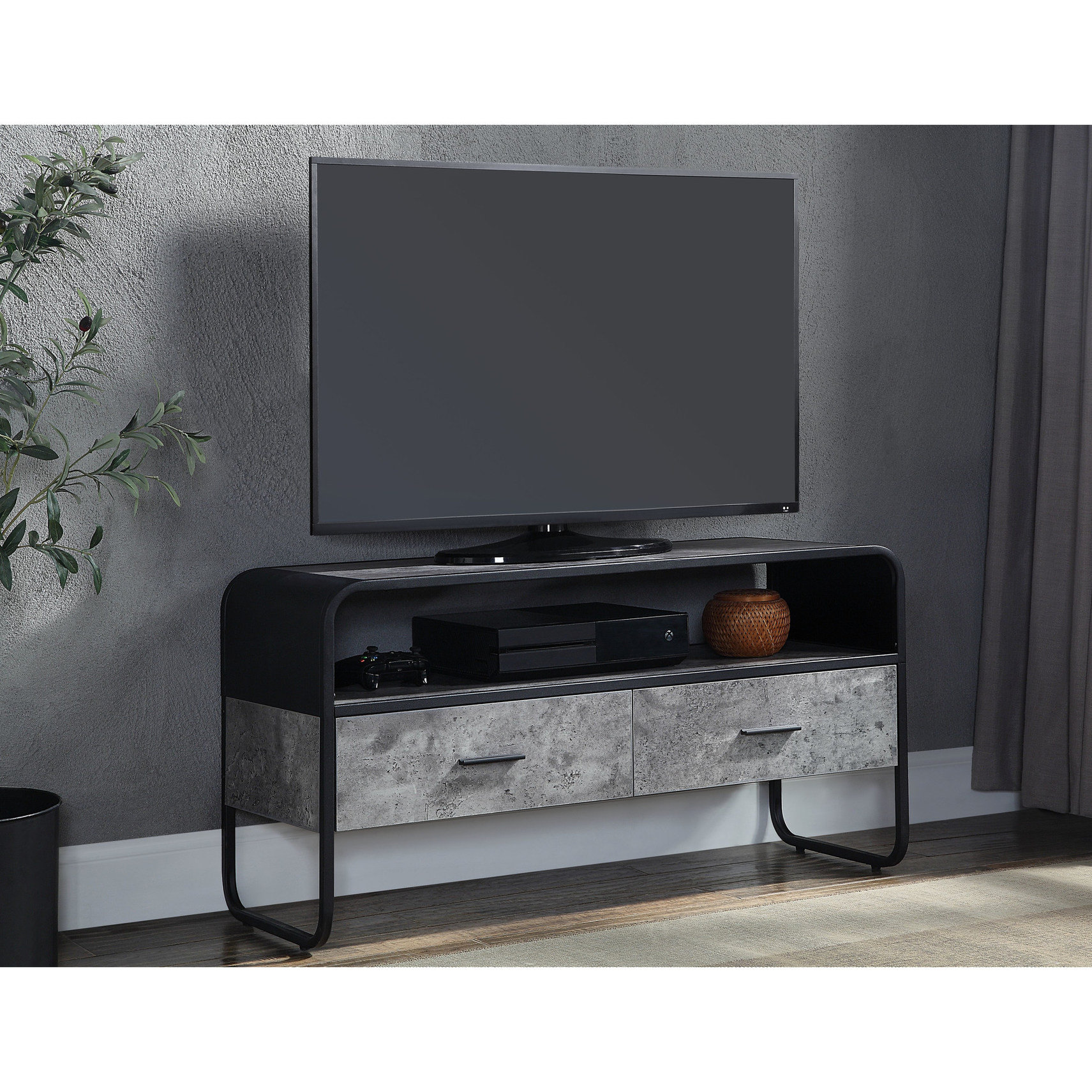 17 Stories Concrete Gray & Black Tv Stand With 1/2 Extension Drawer And ...