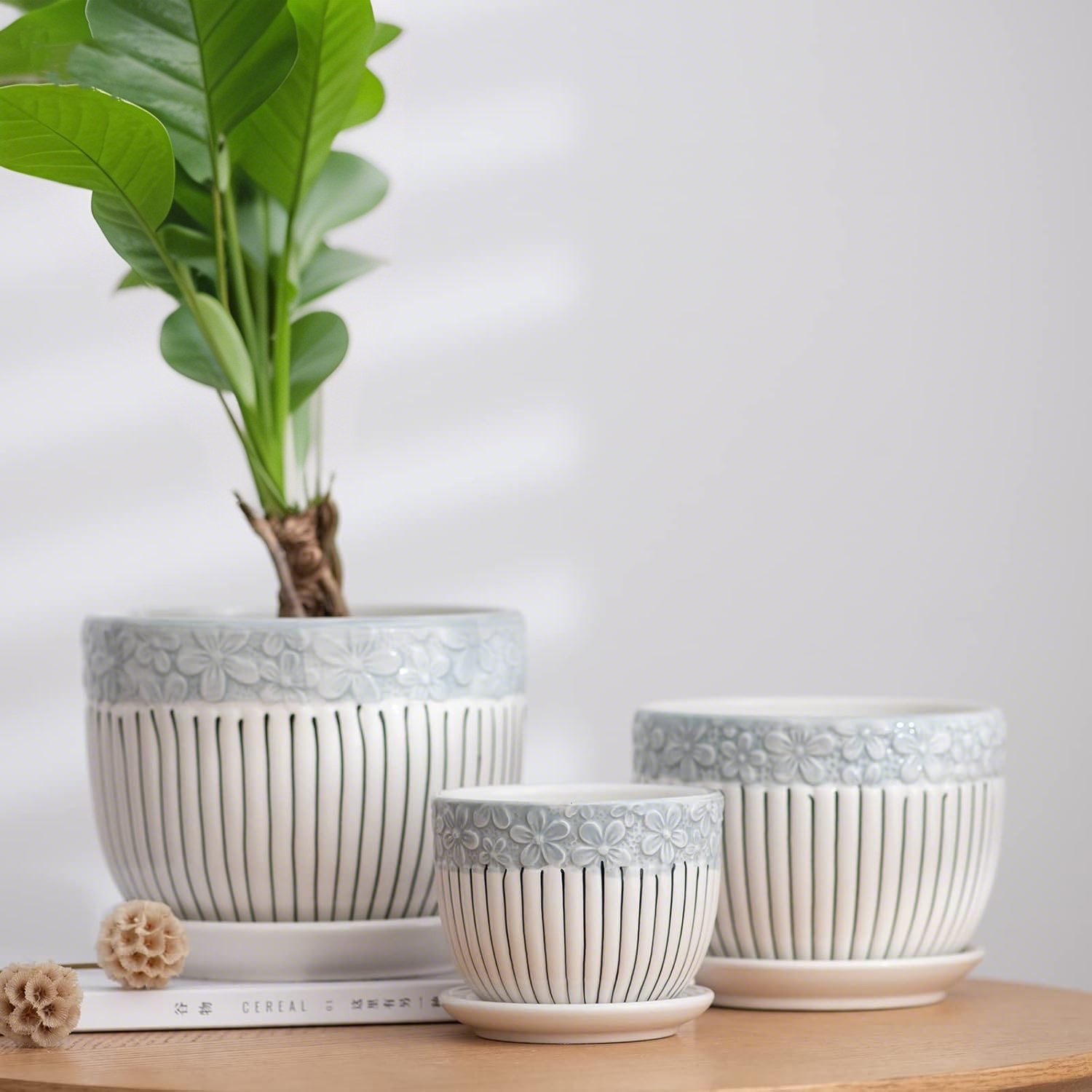 Ophelia & Co. Grey Flower Pots Set Of 3, Texture Ceramic Planter With ...