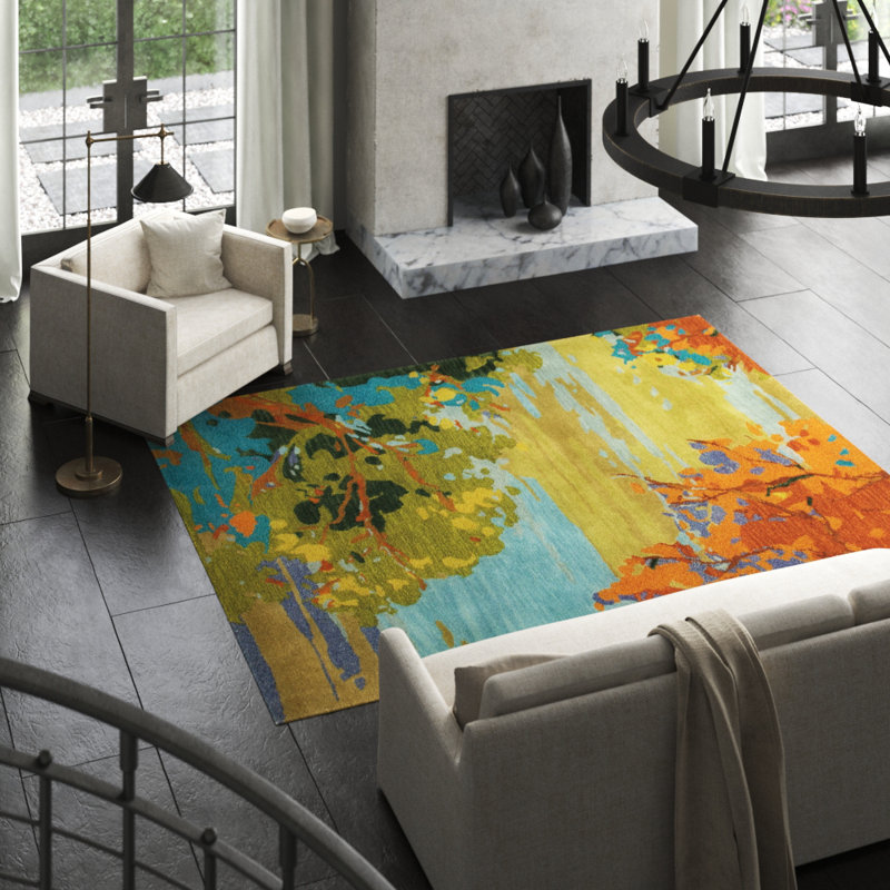 CompanyC Landscape Floral Handmade Tufted Wool Teal/Yellow/Blue Area ...