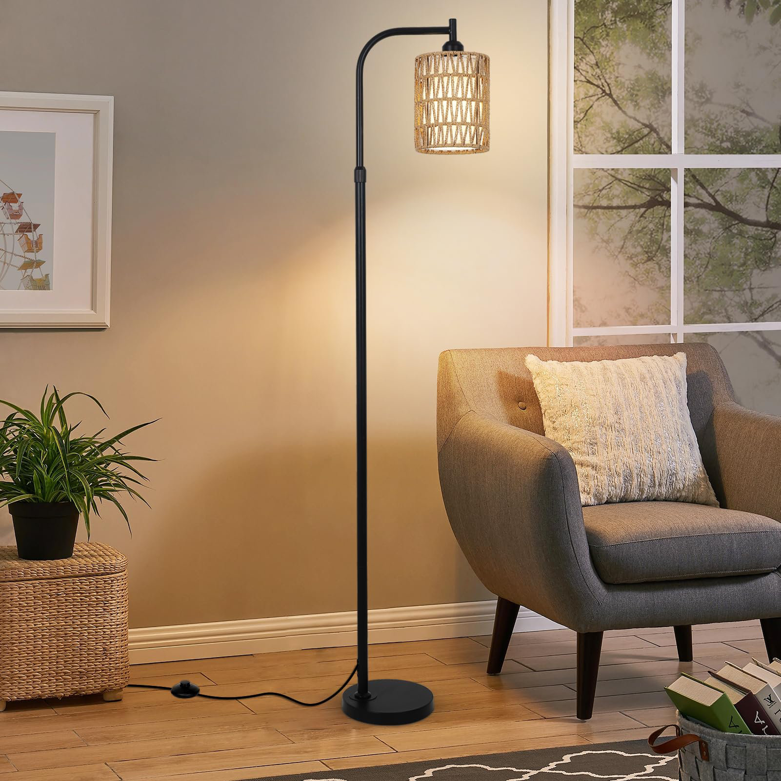 Bay Isle Home™ Dimmable Rattan & Fabric Floor Lamp With Remote, LED ...