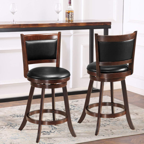 Wildon Home® LEATHER-UPHOLSTERED VINTAGE WOODEN COCKTAIL STOOLS | Wayfair