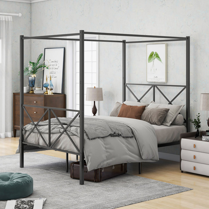 Gracie Oaks Faunsdale Canopy Metal Platform Bed with X Shaped Frame ...