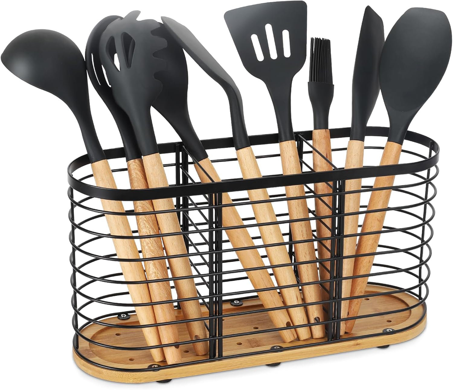 Gracie Oaks Metal, Bamboo Rectangle Utensil Crock | Wayfair