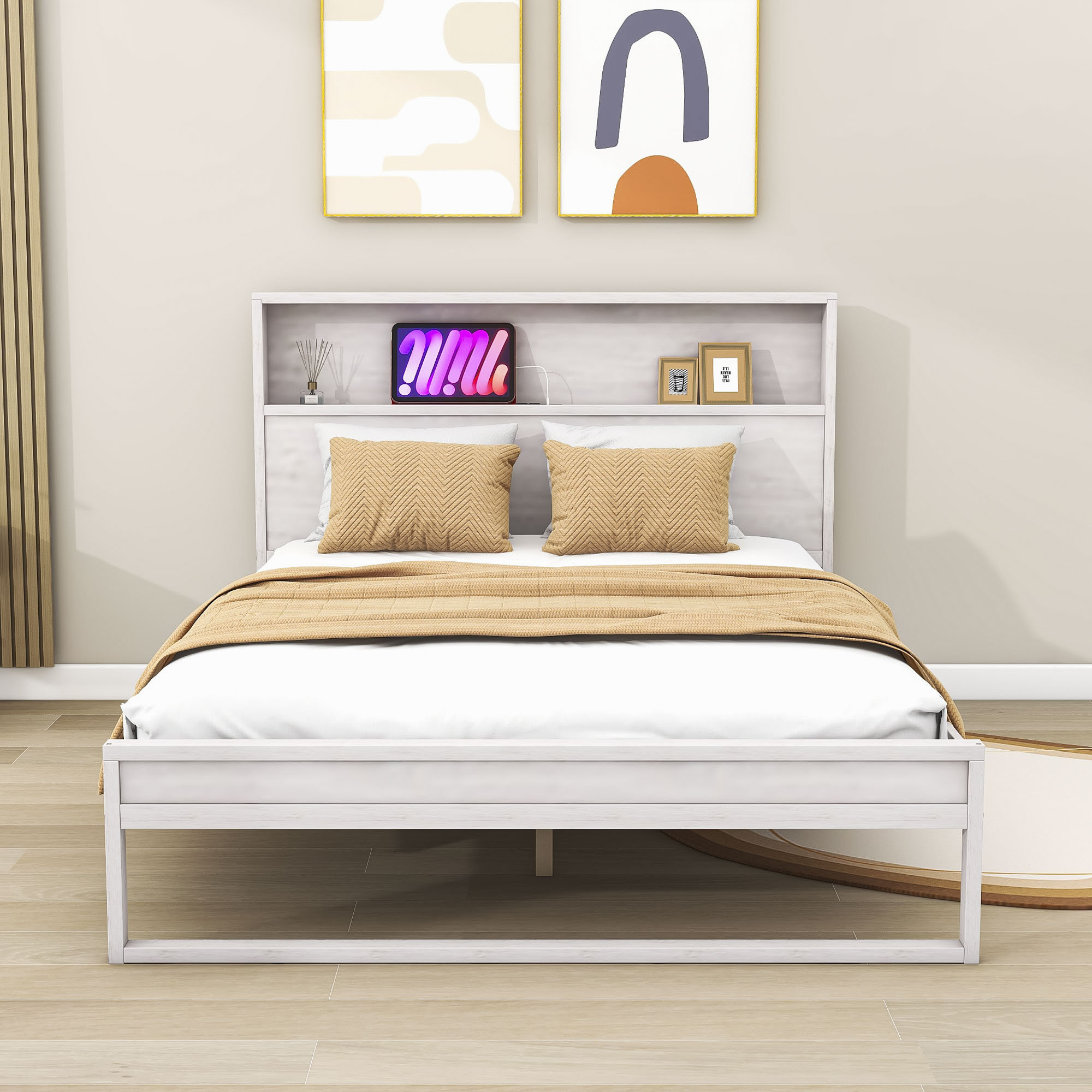 Latitude Run® Wooden Platform Bed with Storage Headboard, Socket and ...