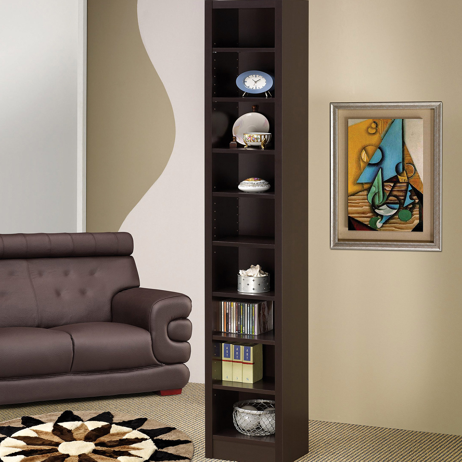 StoneStory Contemporary 8-Shelf Bookcase With 2 Fixed Shelves ...