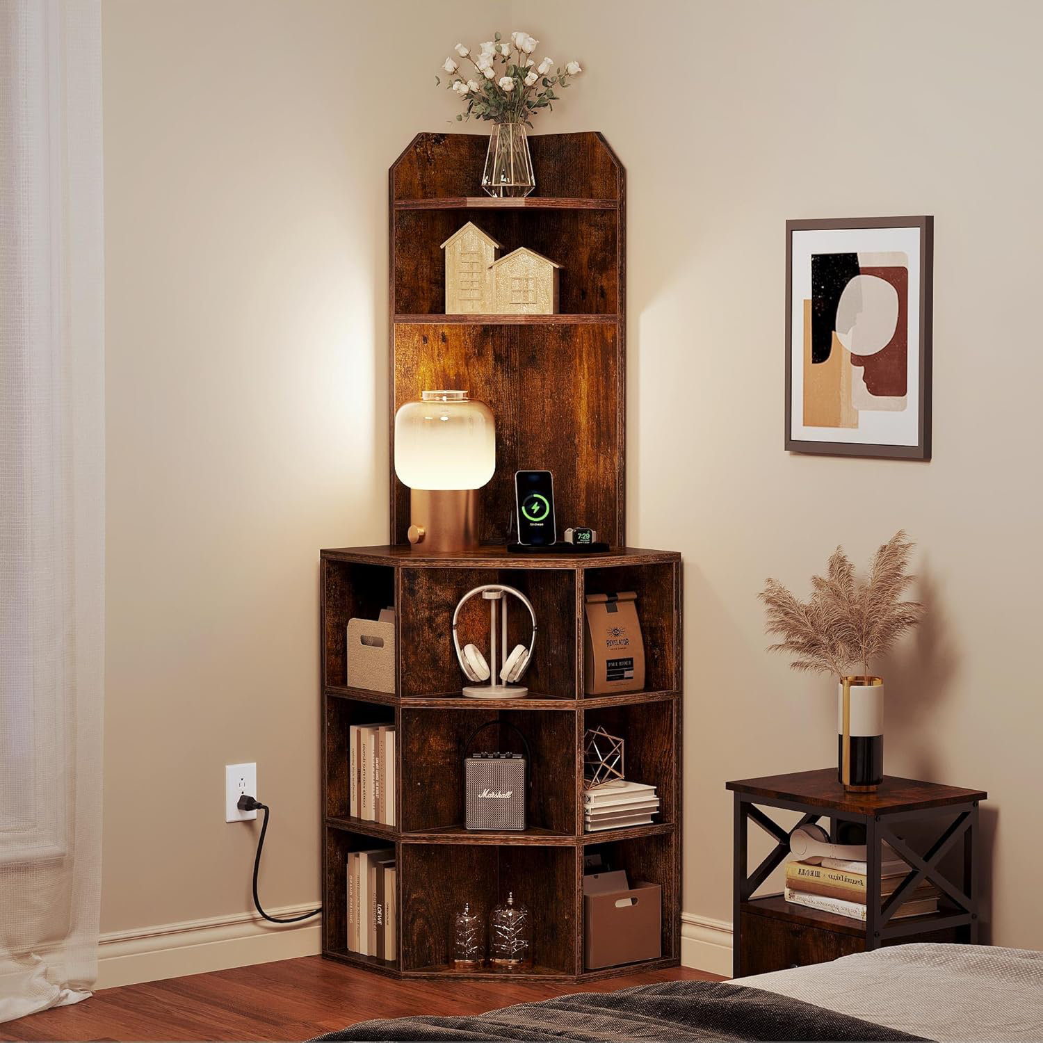 Millwood Pines Corner Shelf With USB Charging Station, Industrial ...