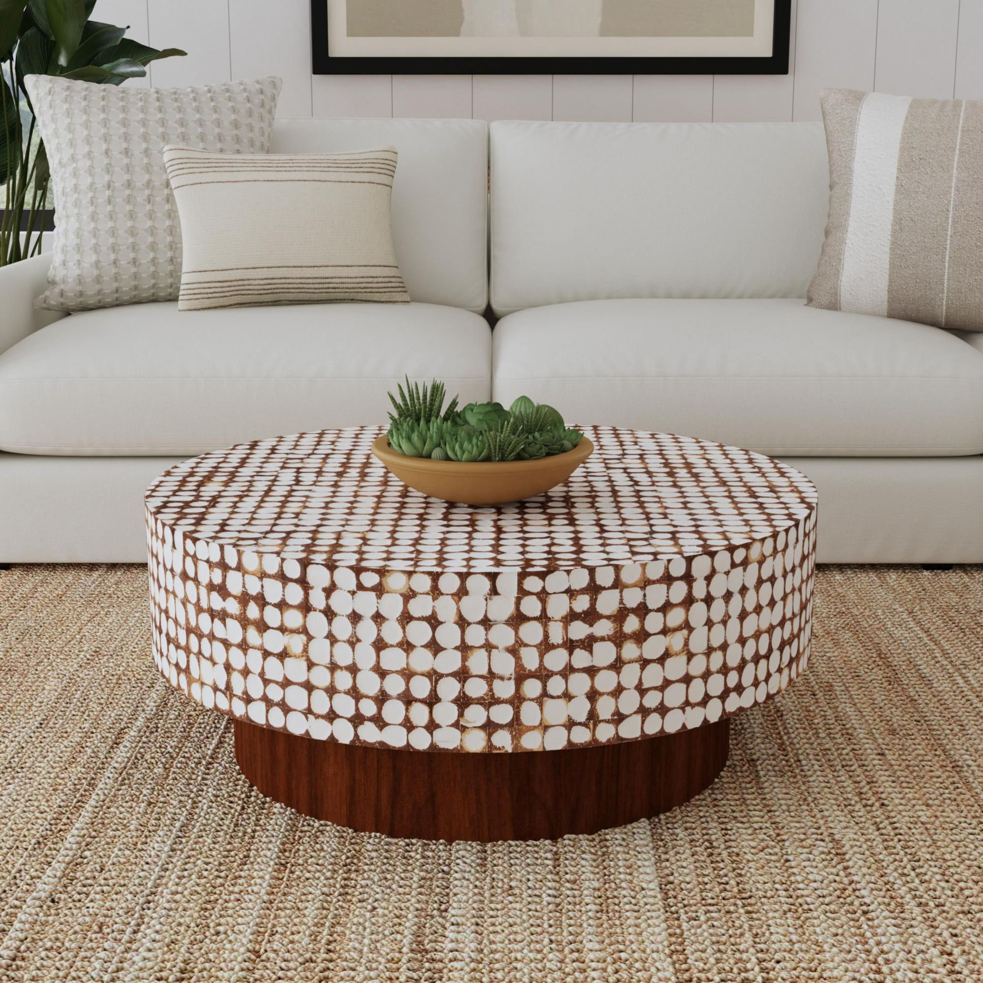 Beachcrest Home Abbie Round Coconut Shell Pedestal Coffee Table ...