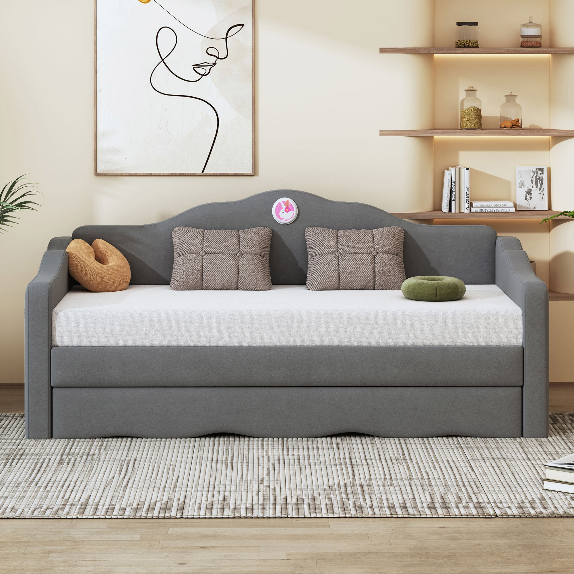 Winston Porter Upholstered Daybed With Wave-Shaped Trundle | Wayfair