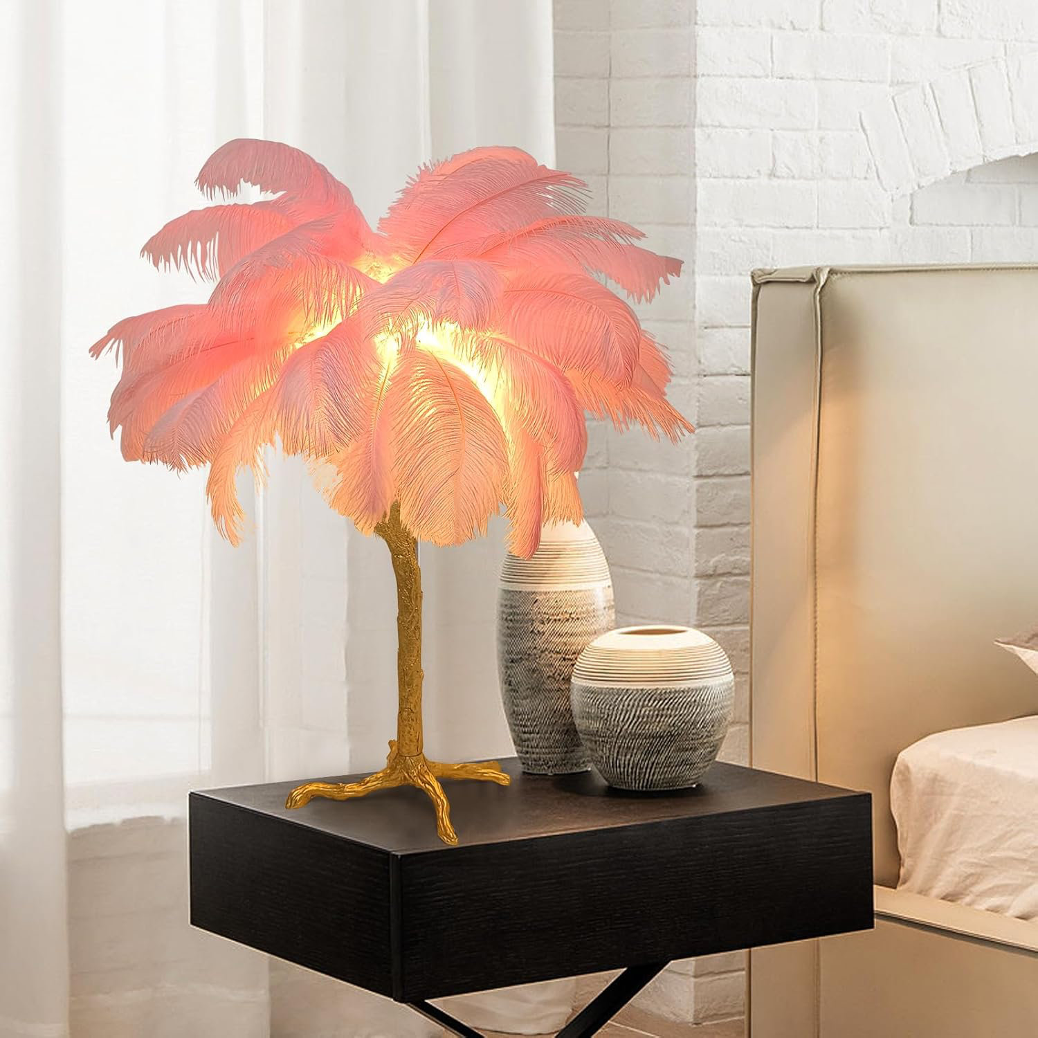 Bayou Breeze Pink Ostrich Feather Lamp With Gold Resin Stand - Handmade ...