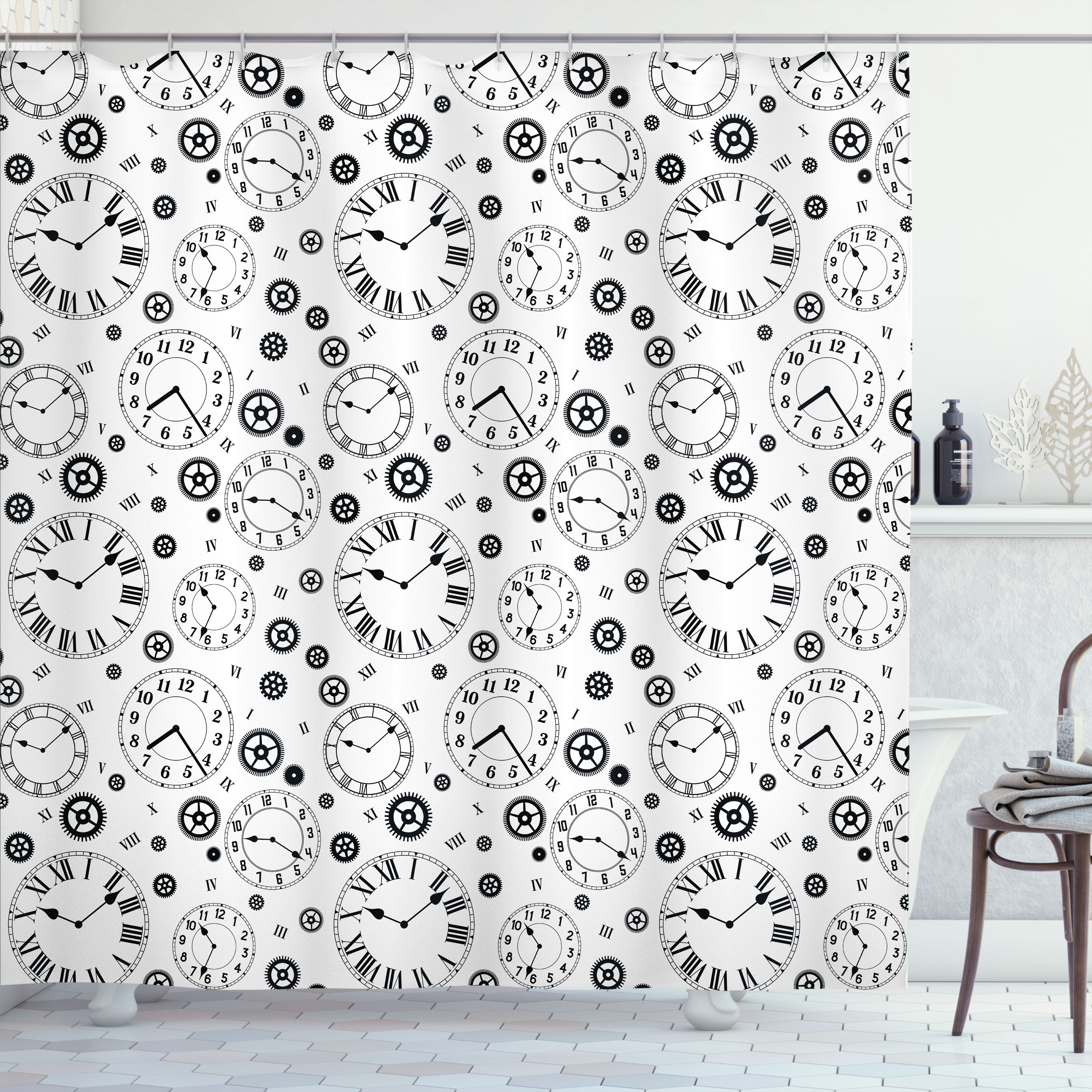 17 Stories Clocks Shower Curtain Time Mechanism Gears Black White | Wayfair