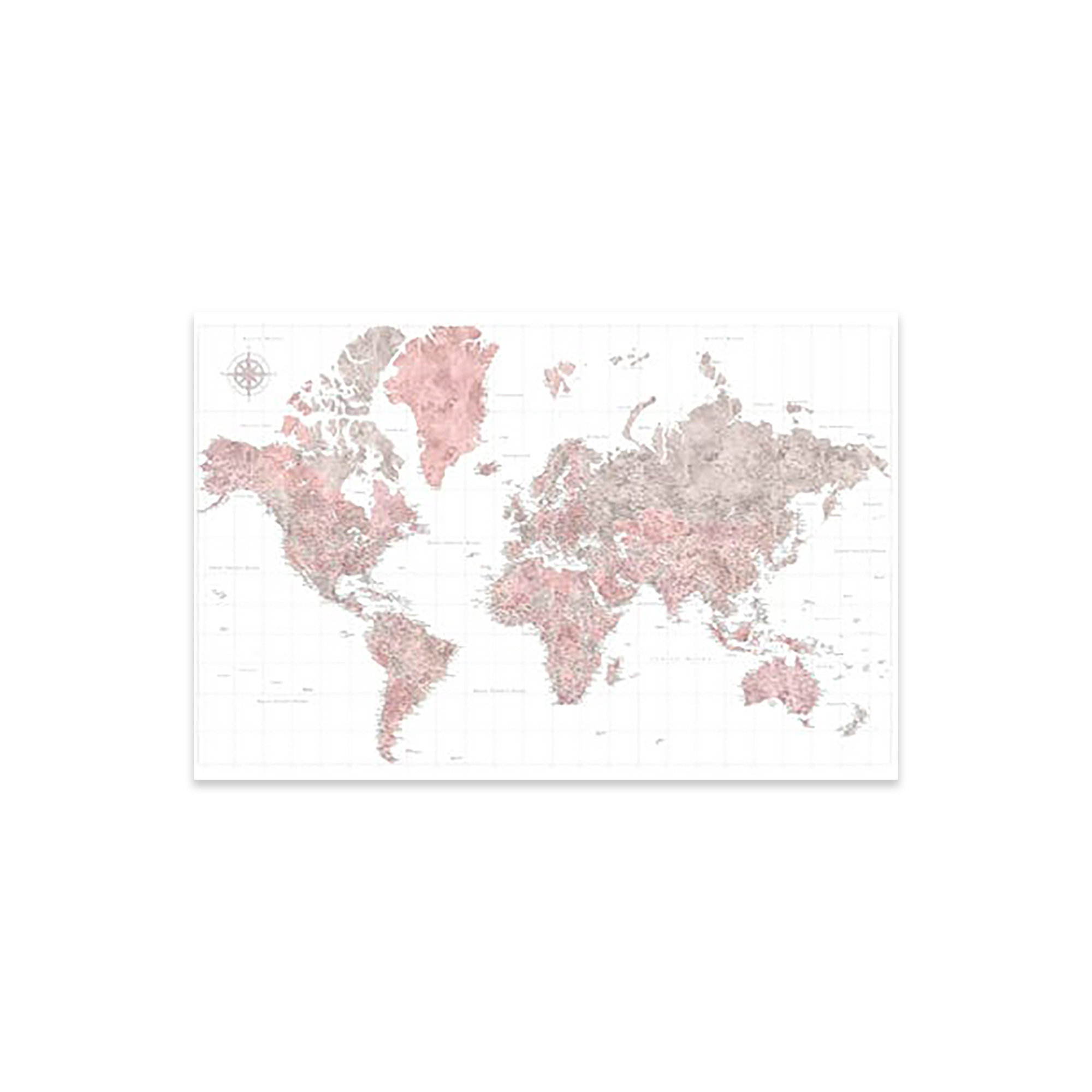 17 Stories World Map in Dusty Pink and Gray with Compass by Blursbyai ...