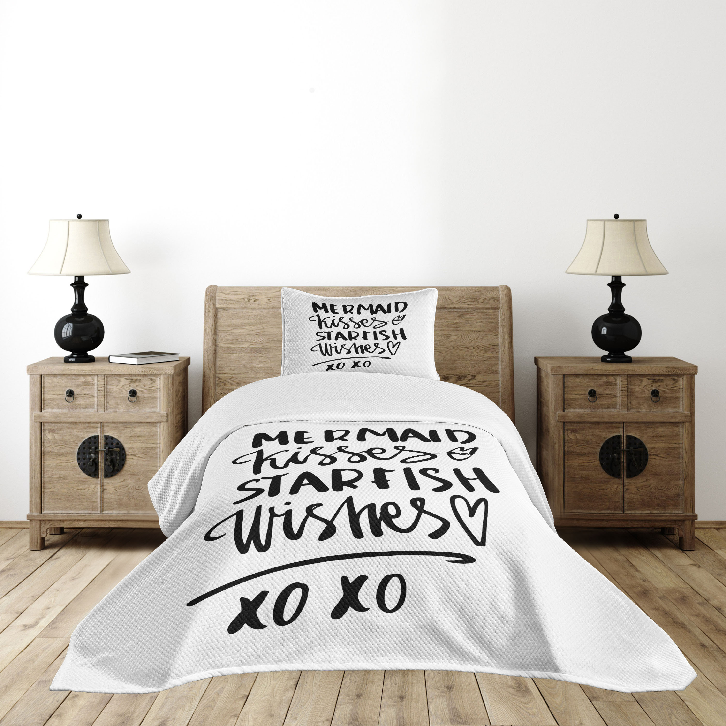 Ambesonne Xo Bedspread Set Mermaid Kiss Starfish Words Black and White ...